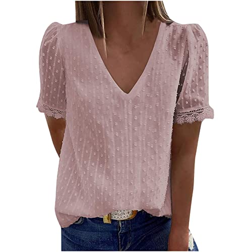 Women Lace Tunic Tops to Wear with Leggings Casual Solid Short Sleeve V-Neck Lace T-Shirt Blouse Tops Pink