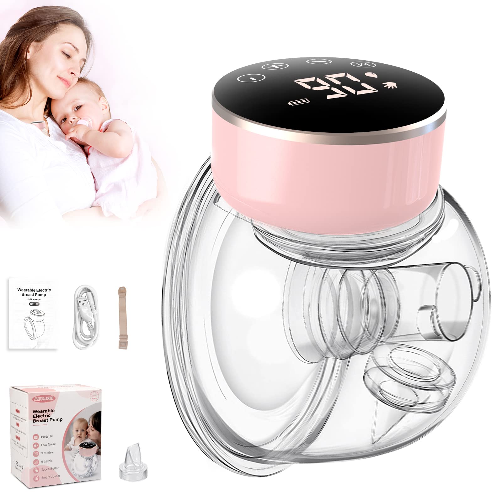Wearable Breast Pump, AUKZON Electric - Hands Free Breast Pump, with 3 Modes & 9 Levels, Low Noise & LCD Screen, Portable, Rechargeable, 24mm Flange