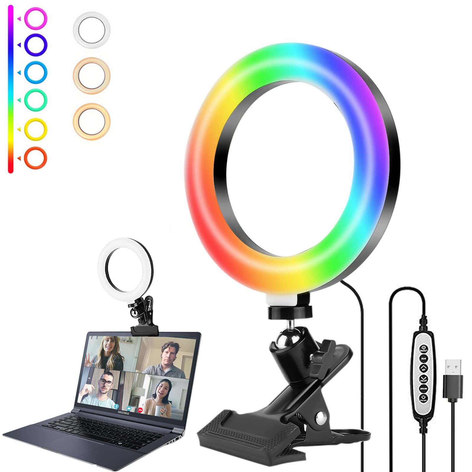 Ring Light, Video Conference Lighting Kit, 6” Led Selfie Ring Light, Dimmable RGB Ring Lights with Clip, 33 RGB Variations & 10 Brightness Level for Remote Working/Live Streaming/YouTube Video/TikTok
