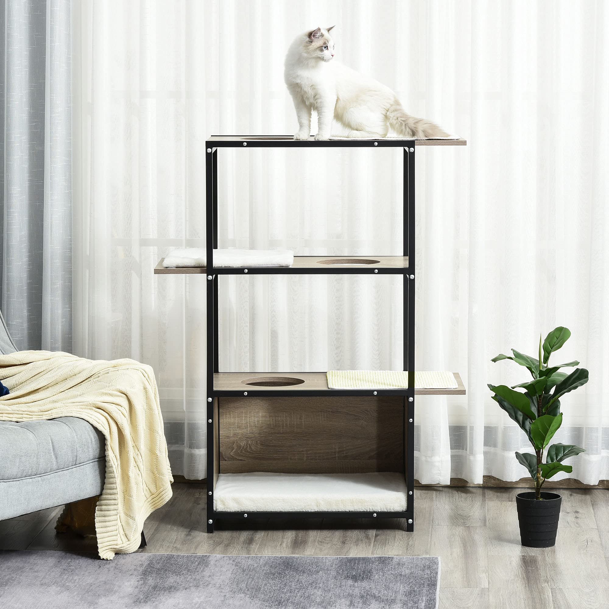 PawHut 48" H Cat House Cat Activity Tower Shelf Furniture with 3 Climbing Platforms, 1 Condo, Scratch Pad and Removable Cushions, Grey/Black