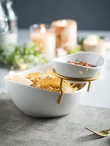 Miamolo Porcelain Serving Bowl Set for Appetizer Serving Dishes Set with 2 Compartment, Chip and Dip Taco Rack Display Salad Bar Serving Set, Gold Stand