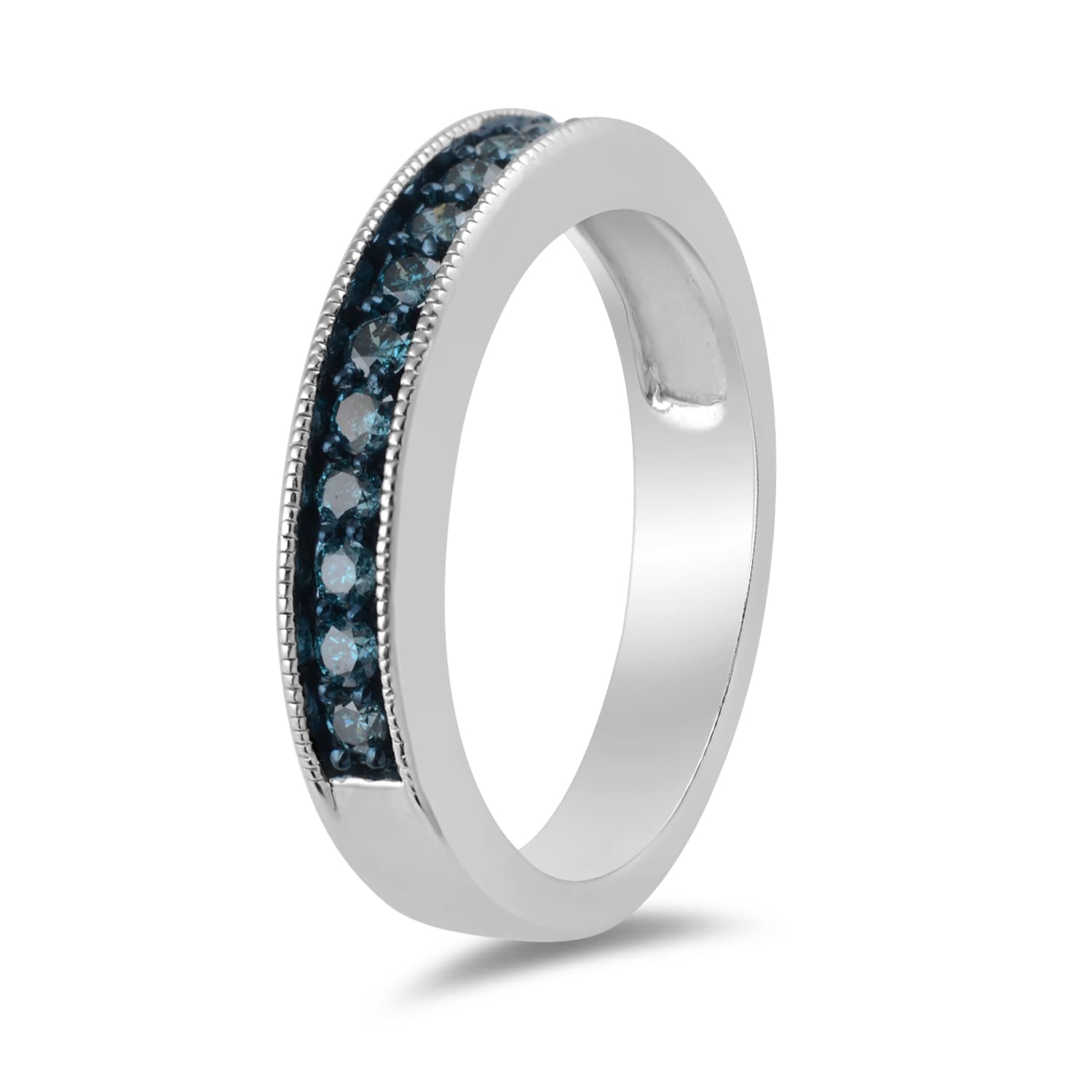 Jewelili Sterling Silver 1/3 Cttw Round Shape Blue Diamond Ring, Size 7
