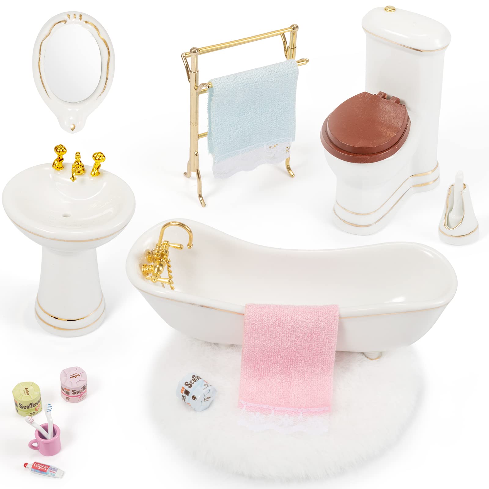 SAMCAMI Ceramic Dollhouse Furniture 1 12 Scale - Doll House Furniture Toys for Dollhouse Bathroom - Miniature Furniture Incl Toilet, Bathtub, Washbasin, Fluffy Carpet and Other Dollhouse Accessories