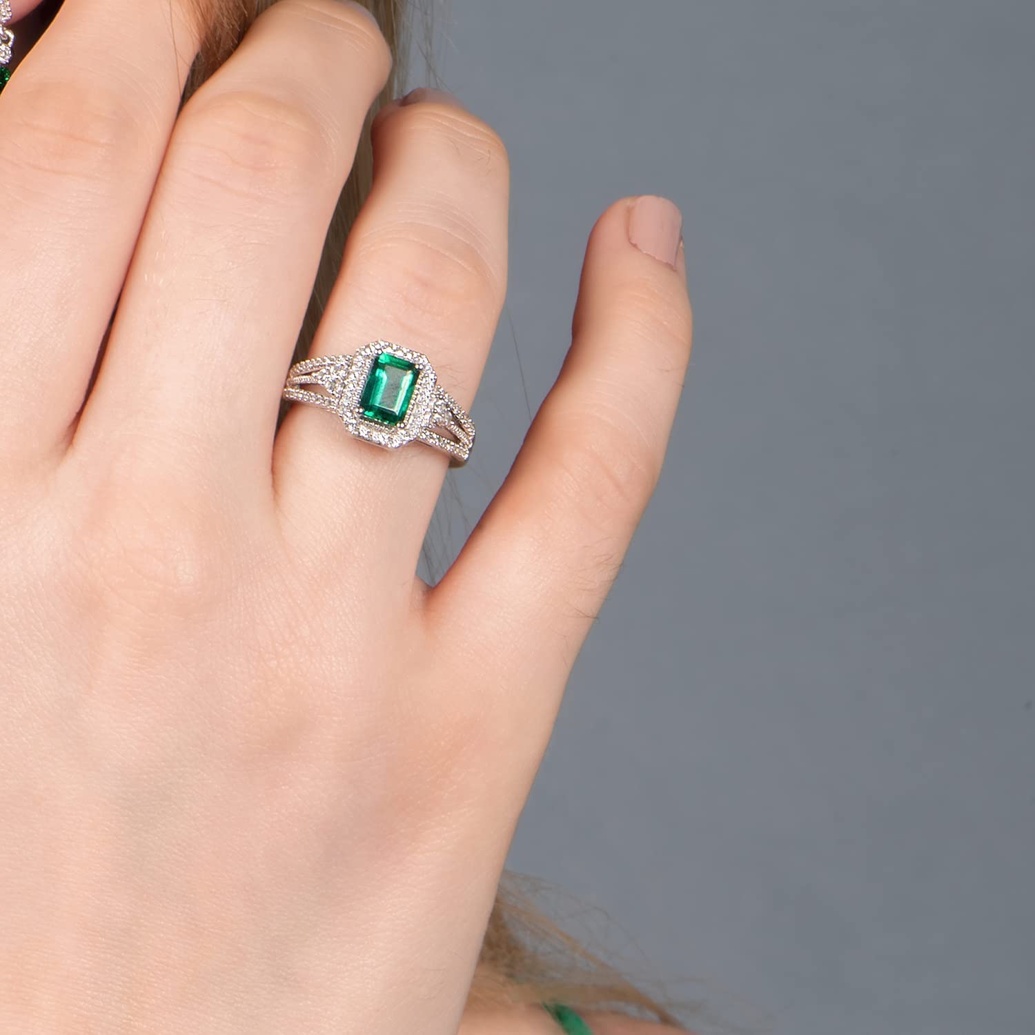 Jewelili Sterling Silver 7x5MM Octagon Created Emerald and Round Created White Sapphire Halo Ring, Size 7