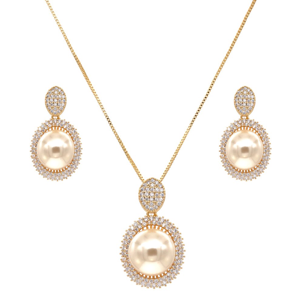Lavencious Oval Dangle Jewelry Set Cream Color Pearl Necklace & Earrings Trendy AAA Cubic Zirconia Gold Plated For Women (Gold)