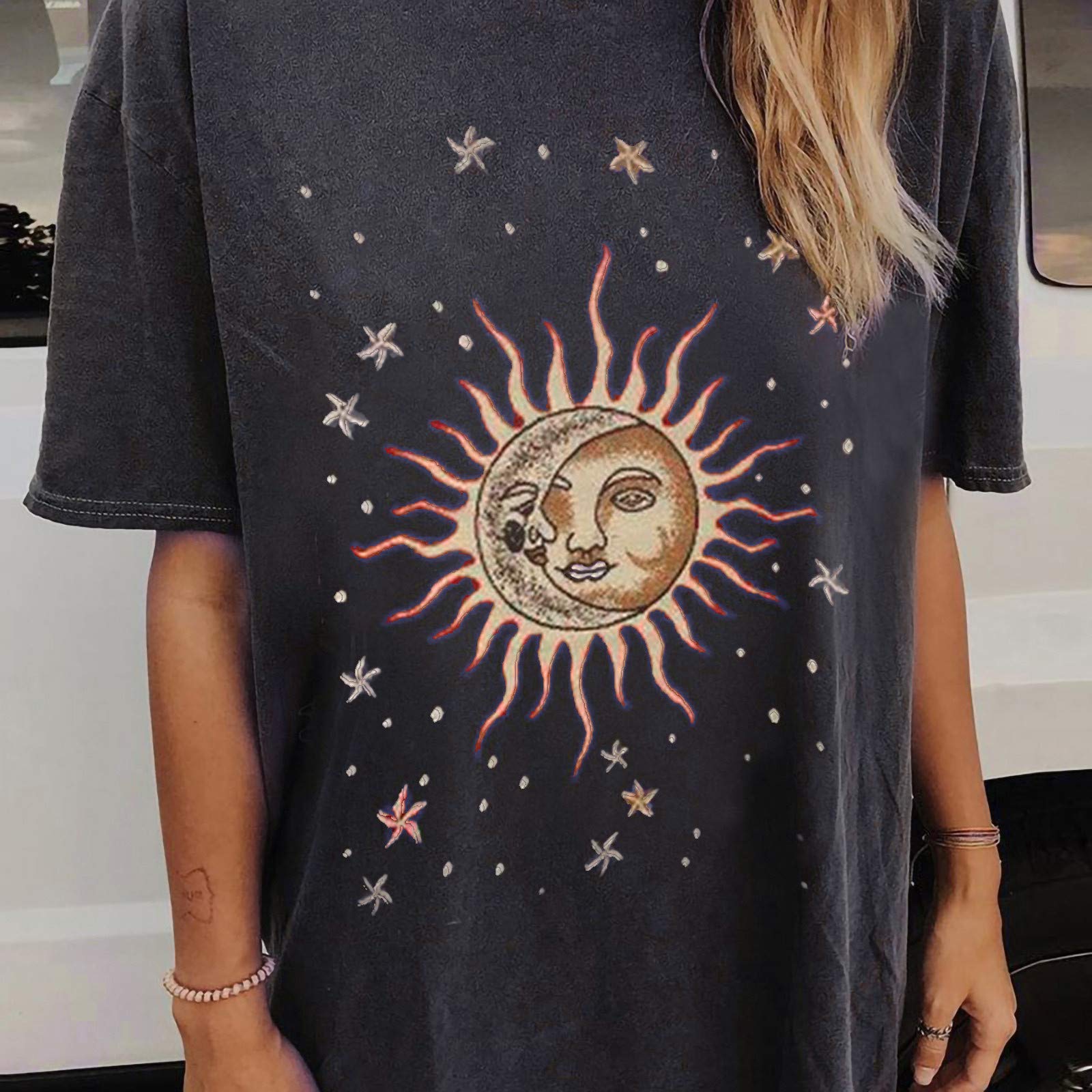 Printed Short Sun Women's Pattern Vintage Moon Blouse and Tops Sleeve Casual Women's Blouse Women's Active Shorts Dark Gray