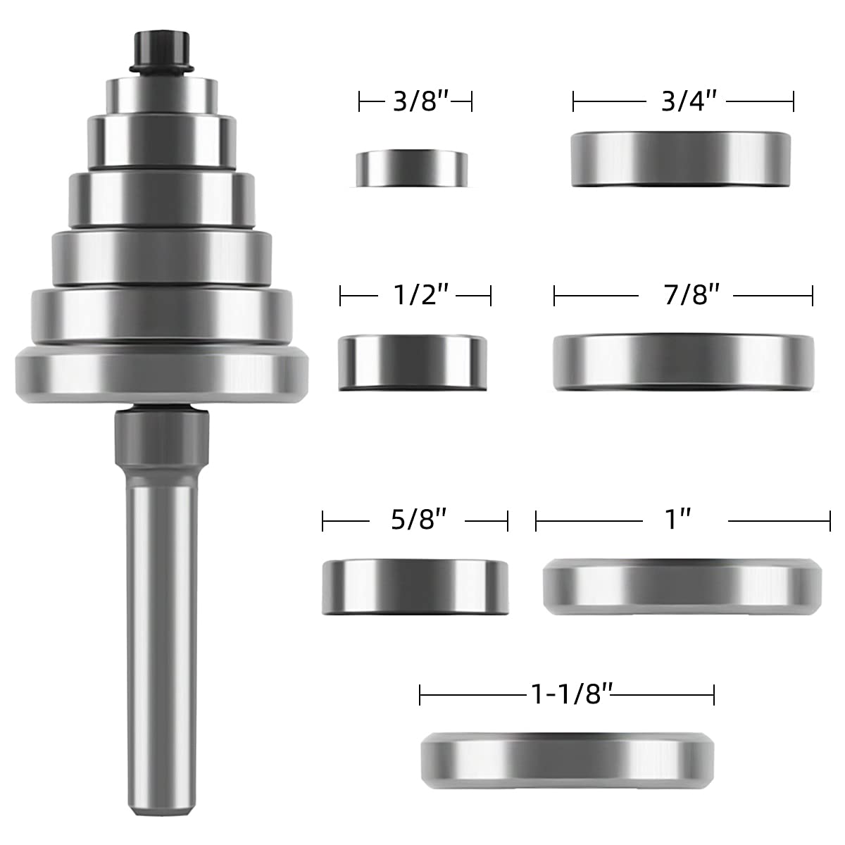 KOWOOD 1/4" inch Shank 1-3/8" Height Multi-Slot milling Cutter bit (7 Bearings, Multiple Depths 1/8", 3/16",1/4", 5/16", 3/8", 7/16", 1/2") Interchangeable and Adjustable Bearings.