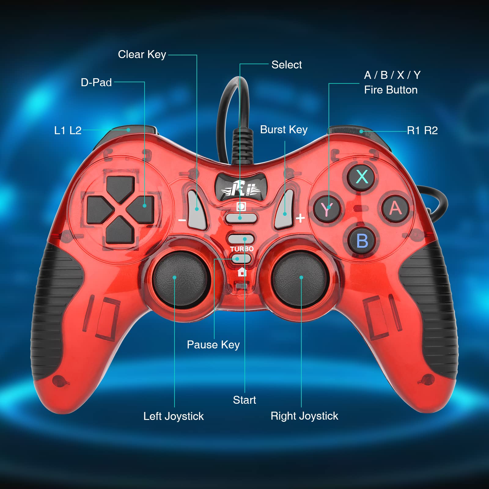 Rii Wired Gaming Controller,Multi-Platform Joystick Controller with Dual-Vibration/Turbo,Compatible for Windows PC/PS3/Android/Steam(Red)