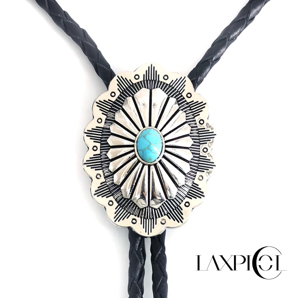 LAXPICOL Vintage Turquoise Stone Bolo Tie For Men Western Cowboy Oval Cool Retro Bola Tie Necktie