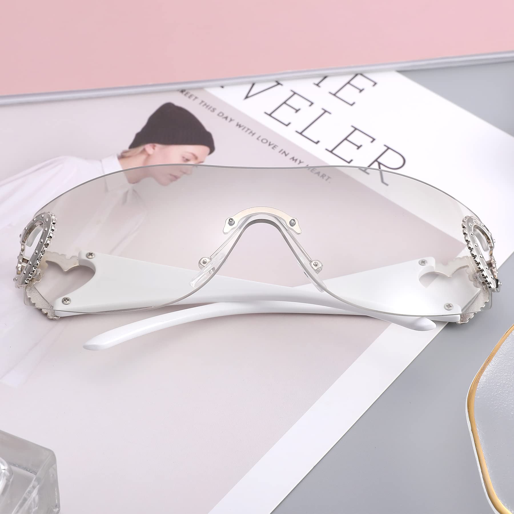 Pro Acme Wrap Around Rimless Sunglasses for Women Men Oversized Fashion Futuristic Sun Glasses Flat Top Shield 2000S Trendy (White Frame|Silver Lens)