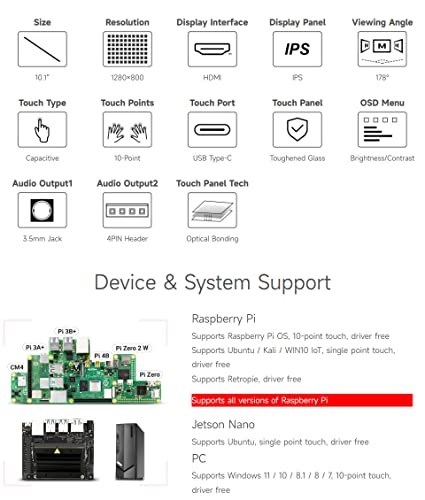 waveshare 10.1inch Capacitive Touch LCD IPS Display, 1280×800 Resolution, HDMI Interface, Compatible with Raspberry Pi 5/4B/3B/Zero/Zero W/Zero 2W/Pico/Pico W/Pico WH, Support Jetson Nano/PC