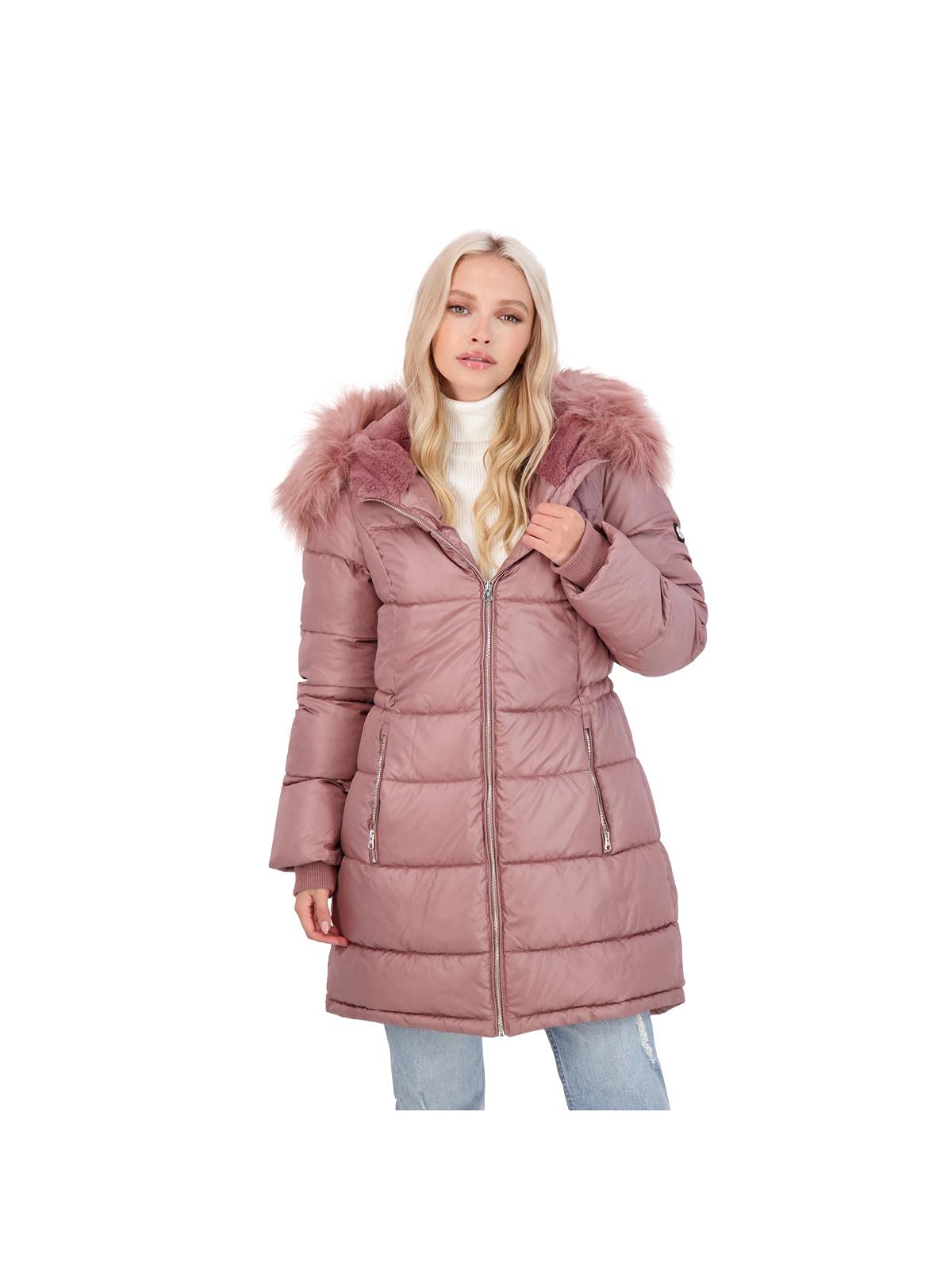 Jessica Simpson Womens Quilted Puffer Winter Coat w/Faux Fur Hood Pink Size L