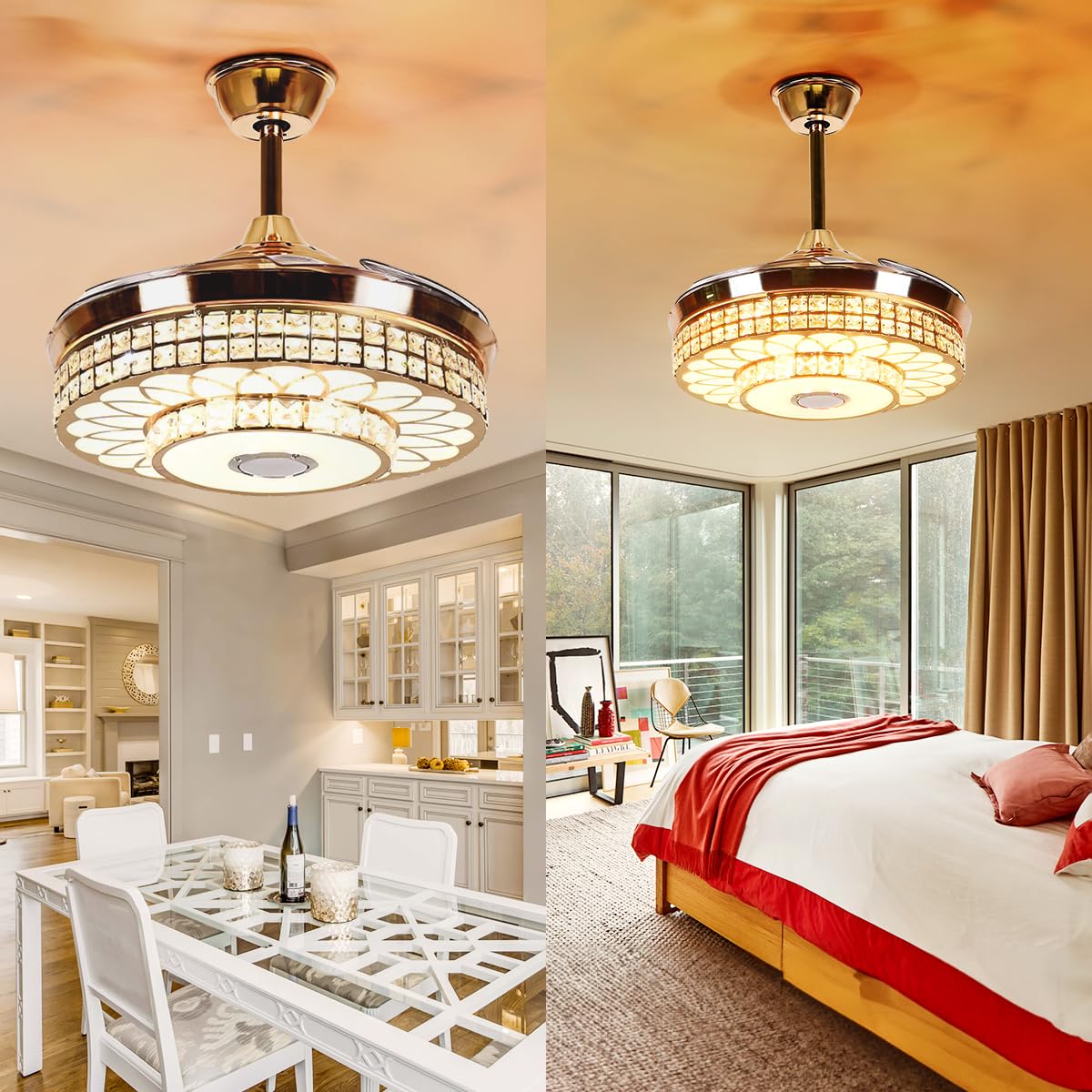 KPIBEST 42 inch Ceiling Fan with Light and Remote Control 3 Lights Levels, Modern Crystal Retractable Chandelier Fans with Bluetooth Music Speaker for Living/Dining Room Bedroom