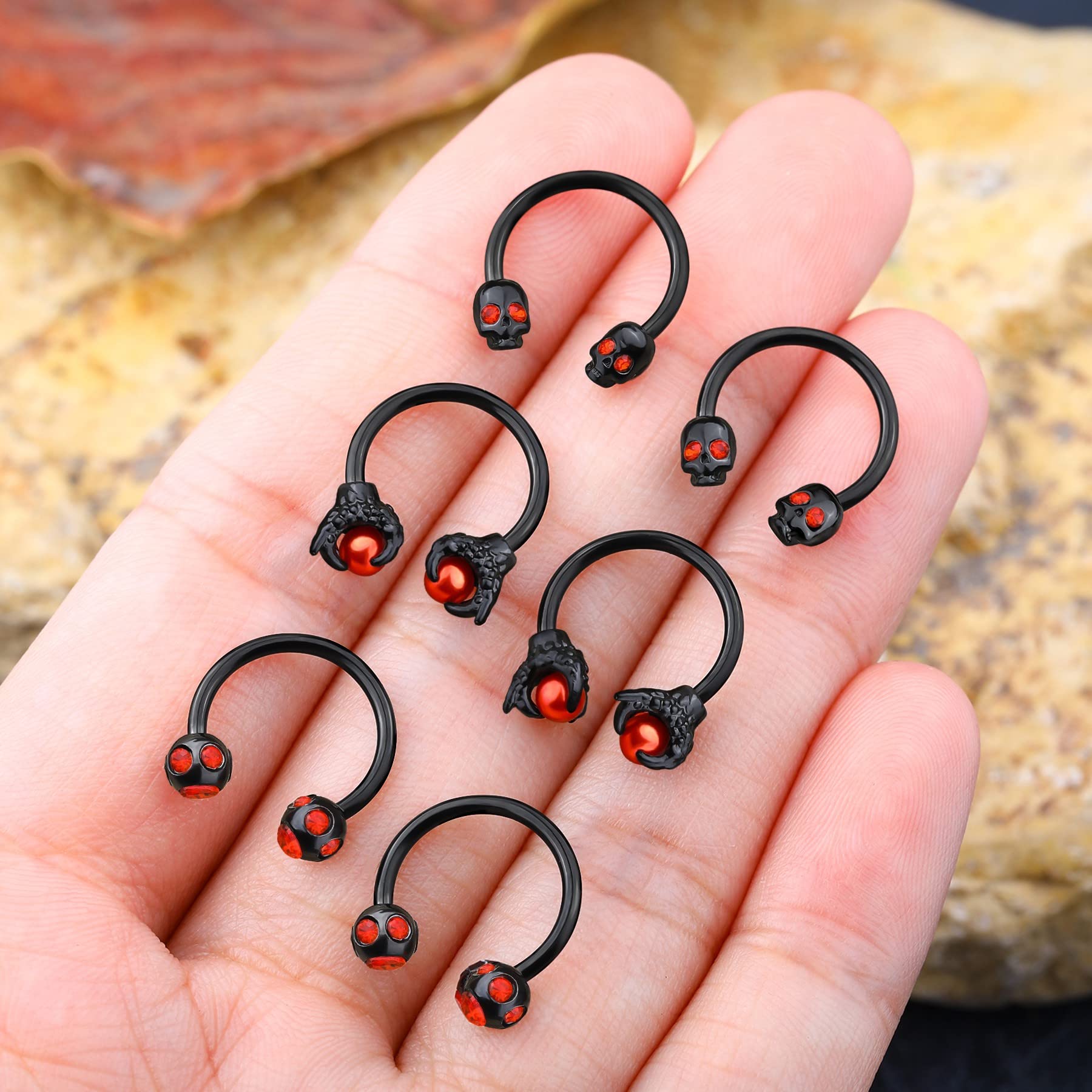 OUFER 6PCS Septum Nose Ring Hoop, 316L Stainless Steel Helix Earrings, Skull Daith Tragus Cartilage Piercing Jewelry, Claw Captive Bead Rings