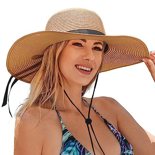 Womens Wide Brim Straw Sun Hat UV Protection UPF50 Foldable Beach Hat Floppy Packbale Summer Hat Travel(Khaki)
