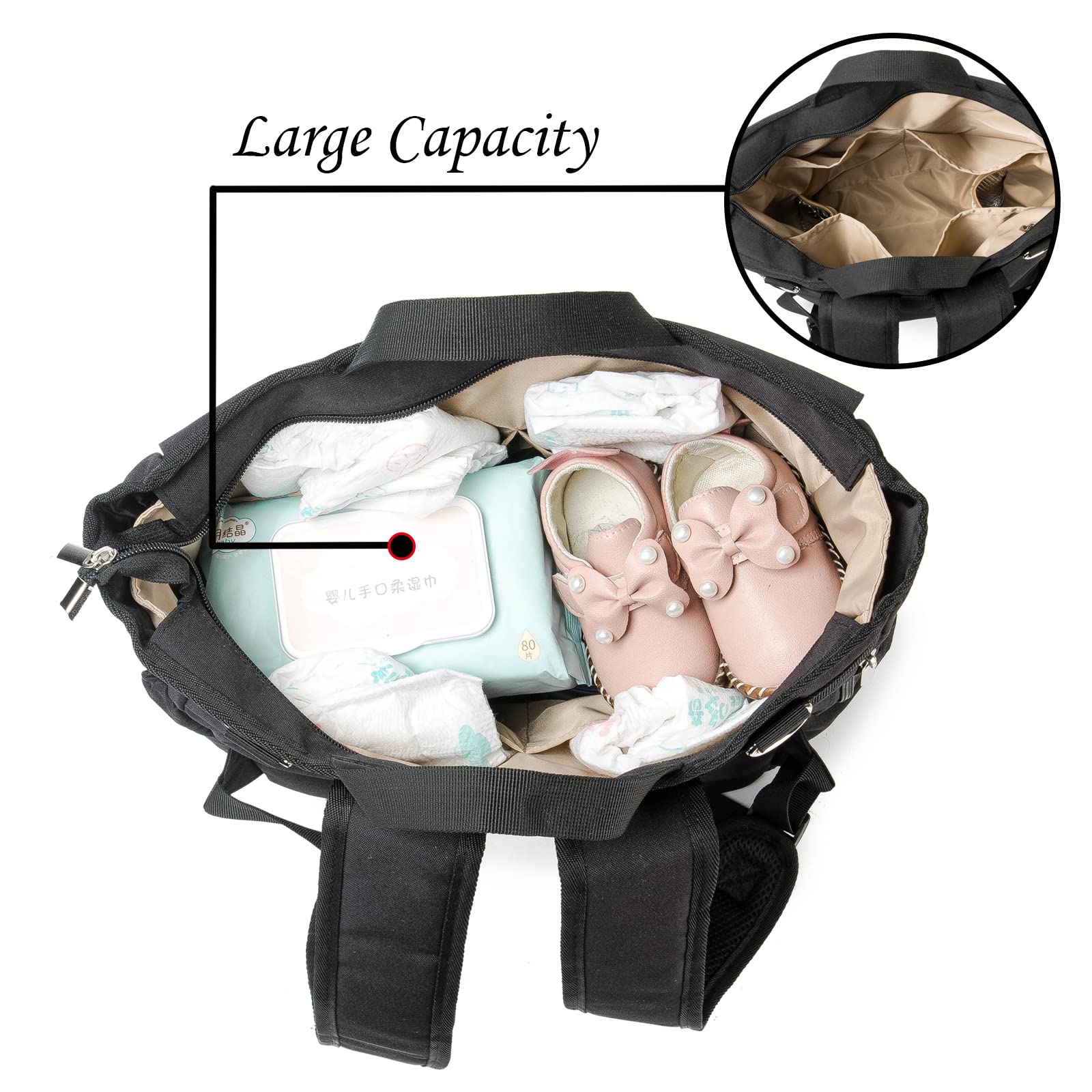 ROYALFAIR Diaper Bag Backpack with detachable bag, Waterproof Convertible Diaper Bag,Baby Bag with Stroller Attachement (Black)