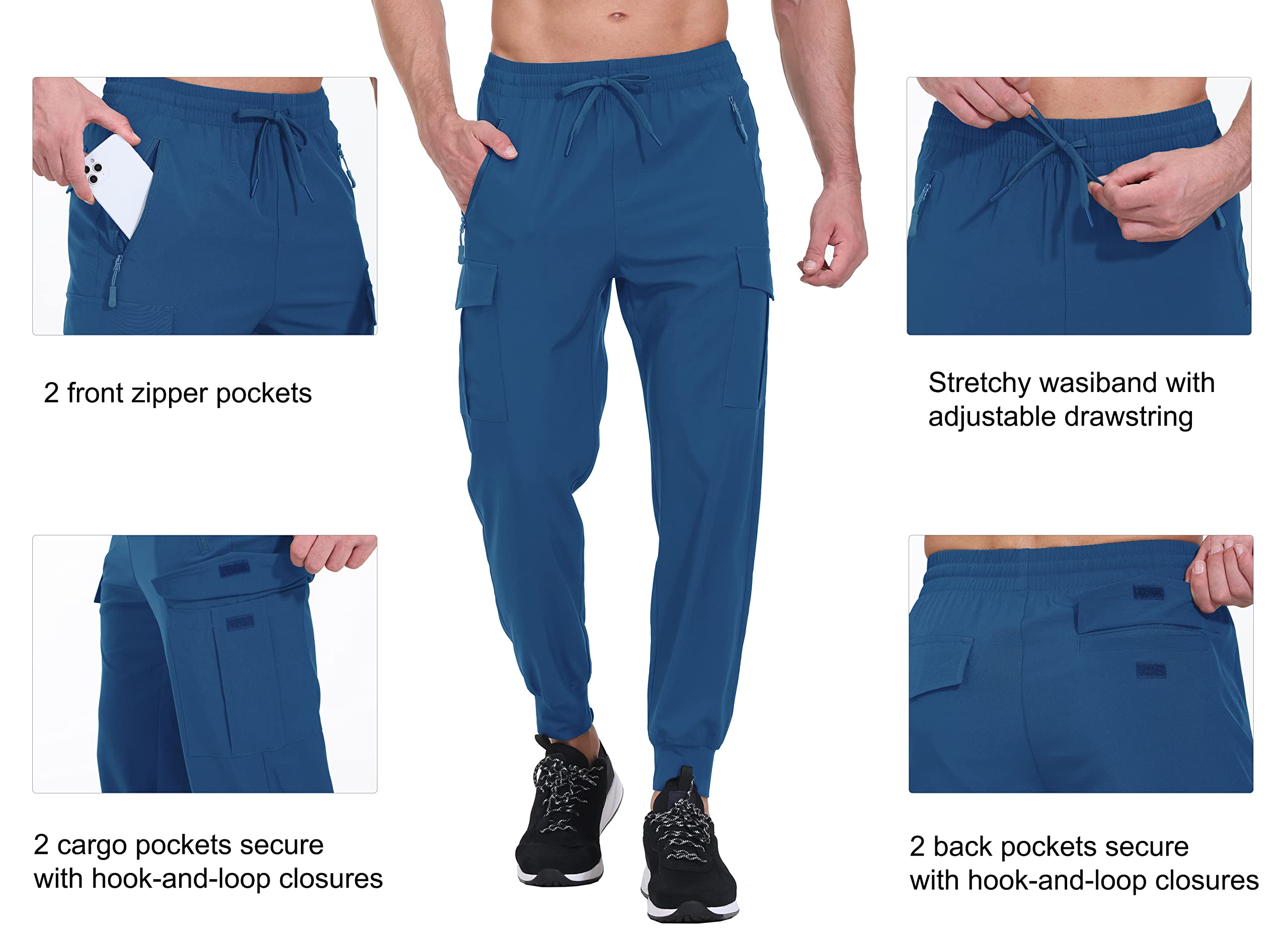 POLIVA Joggers for Men Lightweight Hiking Pants Quick Dry Cargo Travel Golf Casual Track Athletic Pants with Pockets Blue L