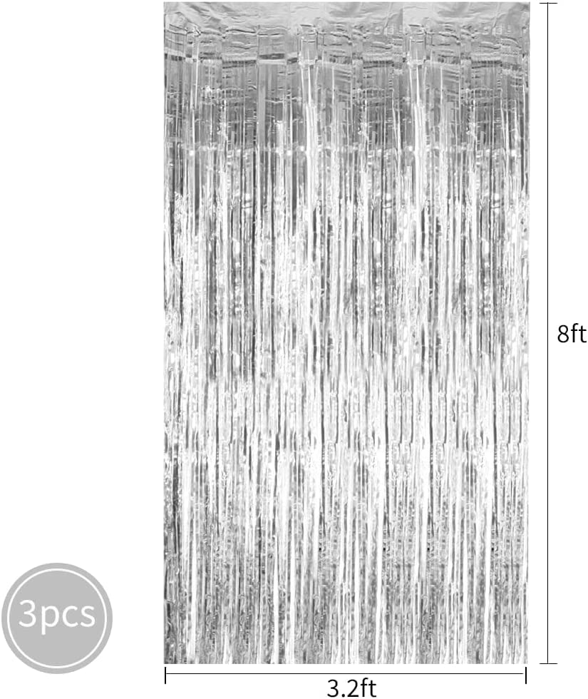 TONIFUL 3Pcs Silver Door Streamers,Silver Photo Booth Backdrop Metallic Streamers Silver Foil Fringe Curtains for Birthday,Christmas,New Year,Bachelorette,Grad Party Streamers Decor(9.9ft x 8.2ft)