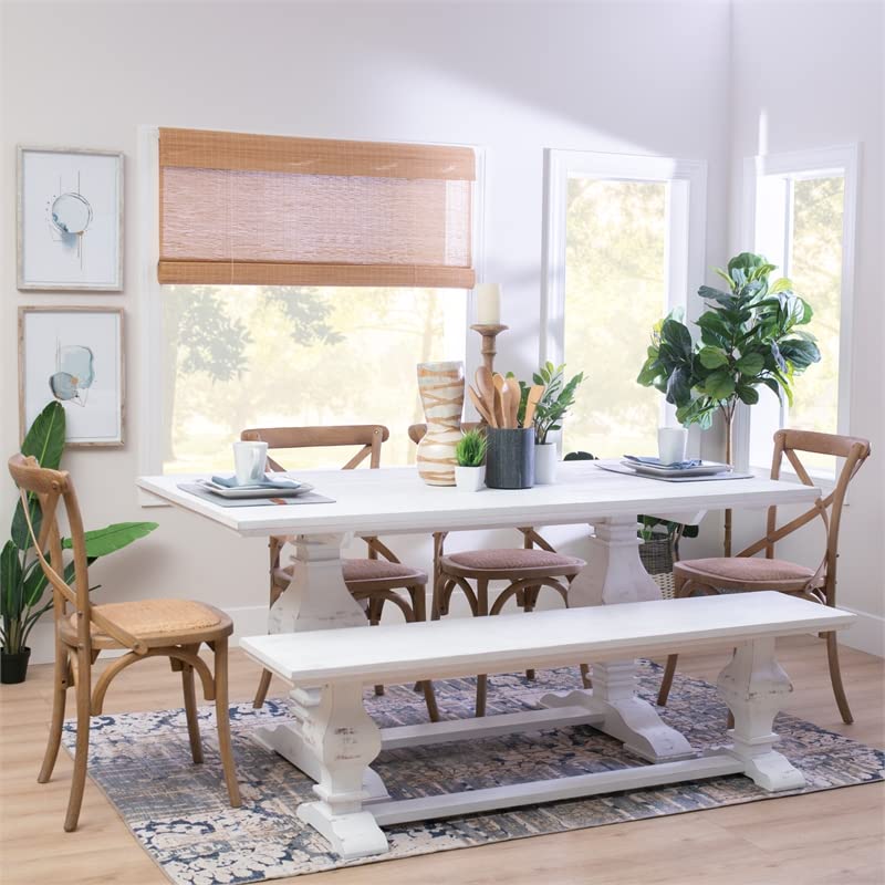Linon Larson Solid Pine Wood Double Pedestal Dining Bench in Distressed White