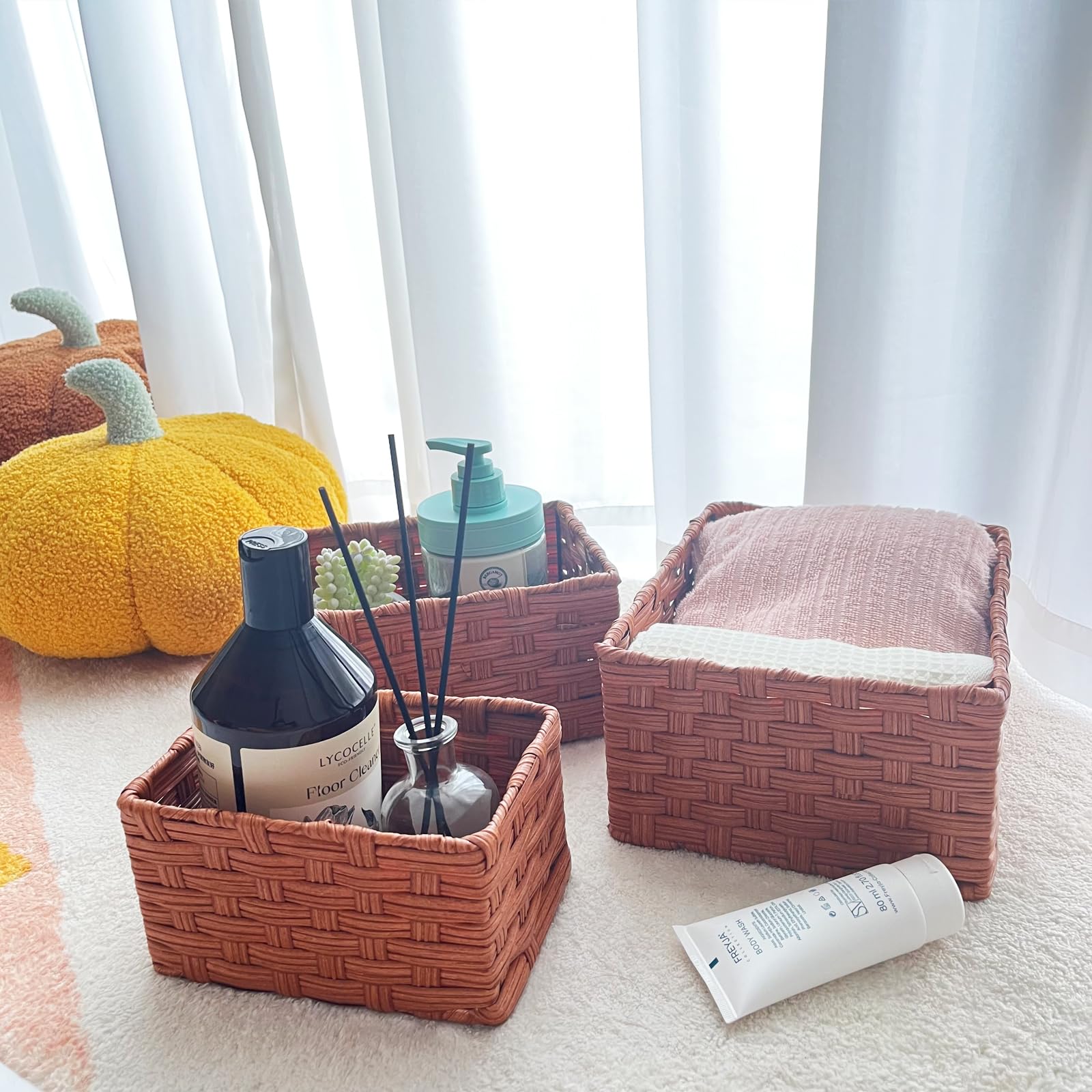 MaraFansie Wicker Storage Baskets Wicker Baskets for Shelves Recycled Plastic Storage Bin for Cupboards Drawer Closet Shelf, Waterproof Nesting Lined Caramel, Set of 3
