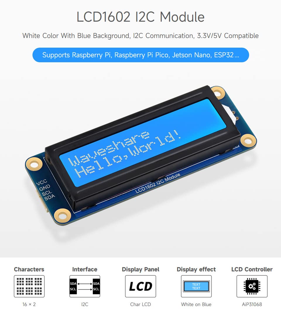 waveshare LCD1602 I2C Module, White Color with Blue Background, 16x2 Characters LCD, 3.3V/5V