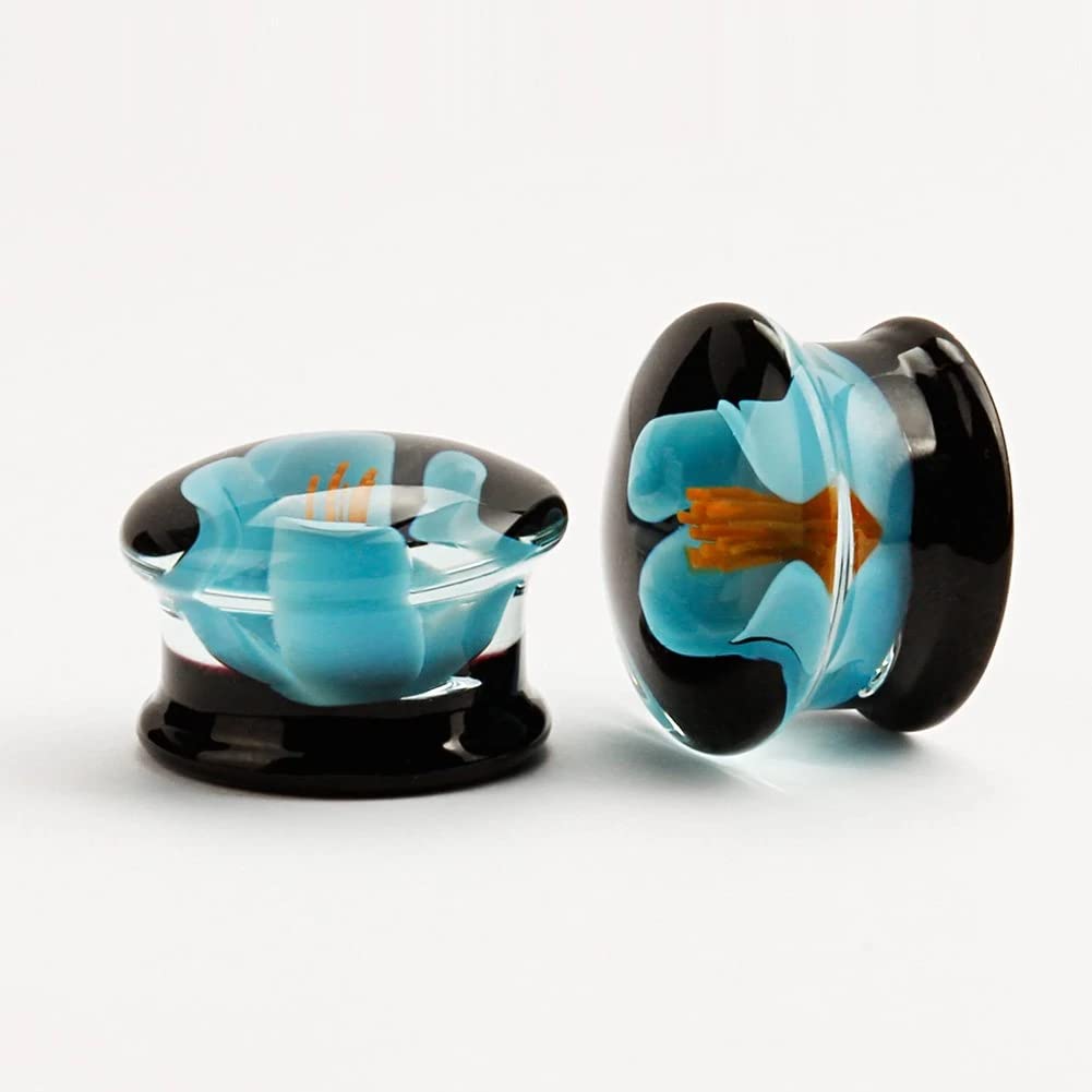 KUBOOZ(1 Pair Glass-handmade Blue Flower Ear Plugs Tunnels Gauges Stretcher Piercings 00g to 5/8"