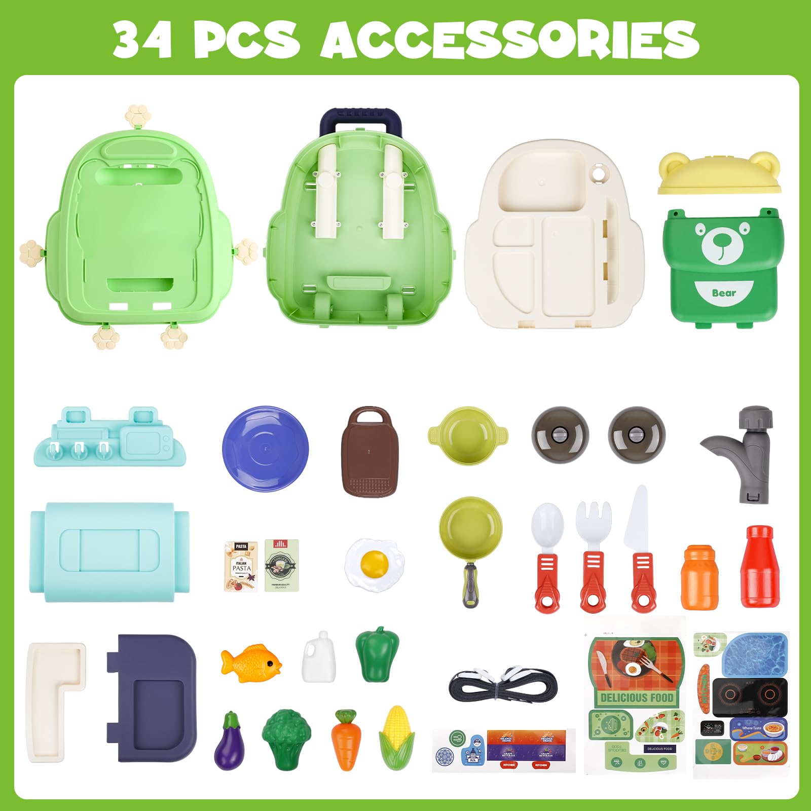 Kitchen Playset, 3 in 1 Kitchen Pretend Play Toys for Toddlers, 34 PCS Realistic Cooking Accessories for Girls Boys Age 3 4 5 6 7