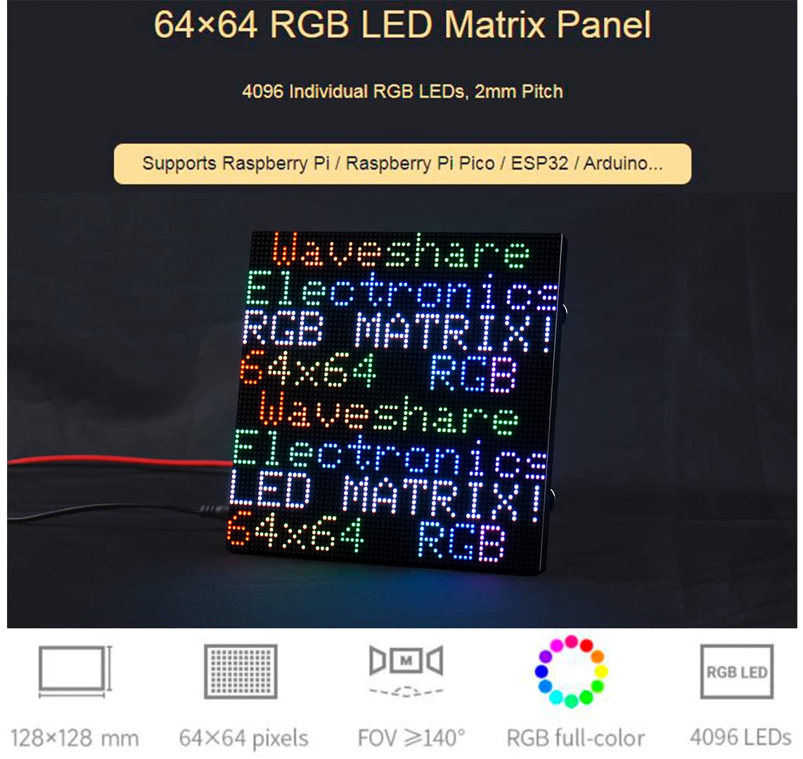 waveshare RGB Full Color LED Matrix Panel 64x64, 4096 RGB LEDs, 2mm Pitch, Adjustable Brightness, Display Text, Colorful Image, Animation,Compatible with Raspberry Pi/Raspberry Pi Pico / ESP32