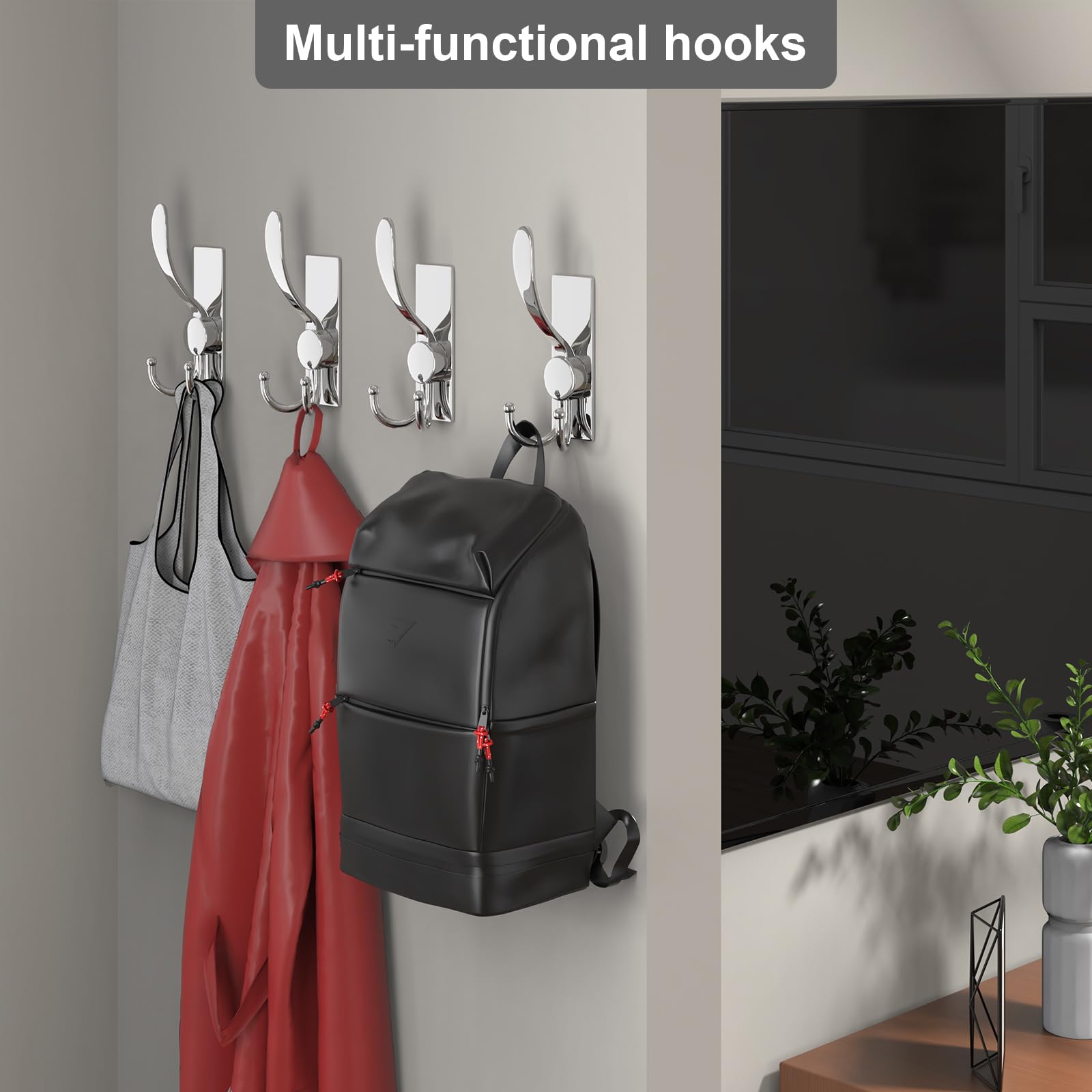 VINHOLD Metal Wall Mounted Towel Hooks, Self-Adhesive Coat Hooks with Tri Hooks for hanging towels, coats, hats, pans, Utility Hooks for bathrooms, bedrooms,kitchens(2 pack,glossy)