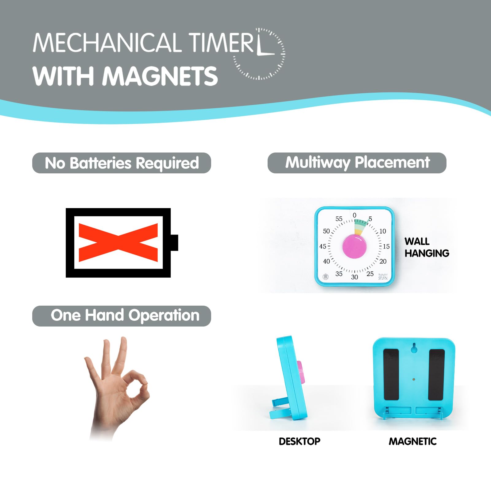 TWENTY5 SEVEN Countdown Timer 7.5 inch; 60 Minute 1 Hour Visual Timer β Classroom Teaching Tool Office Meeting, Mechanical Countdown Clock for Kids Exam Time Management Magnetic, Colorful