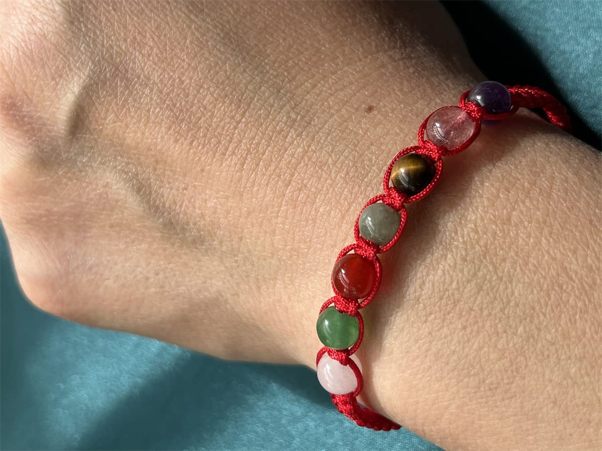 Qordelia 925 Sterling Silver Lucky Flower with 7 Chakra Gem Red String Bracelet Birthday Gift Mother's Day Gift, Adjustable, Size 2, Adjustable