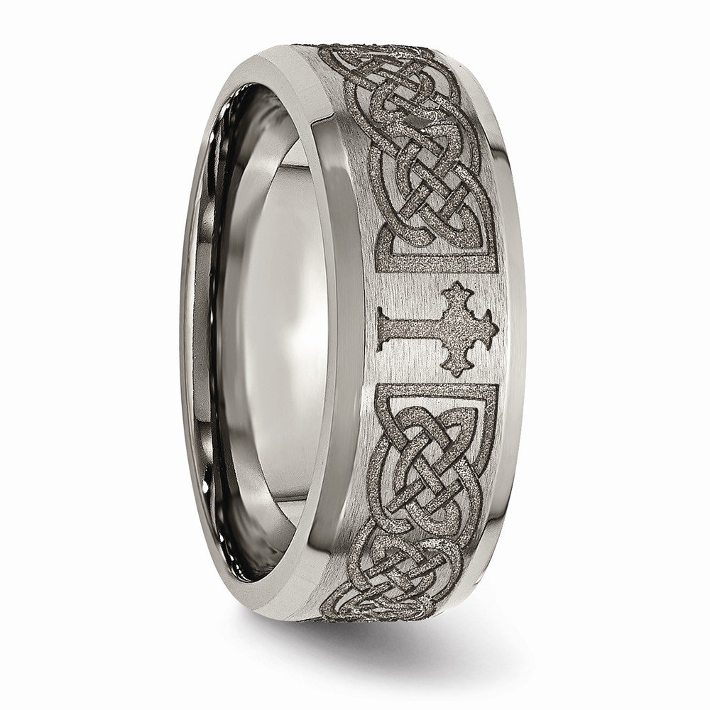 Jewelry Pilot 8mm Beveled Edge Laser Engraved Celtic Weave Cross Titanium Wedding Band - Size 13