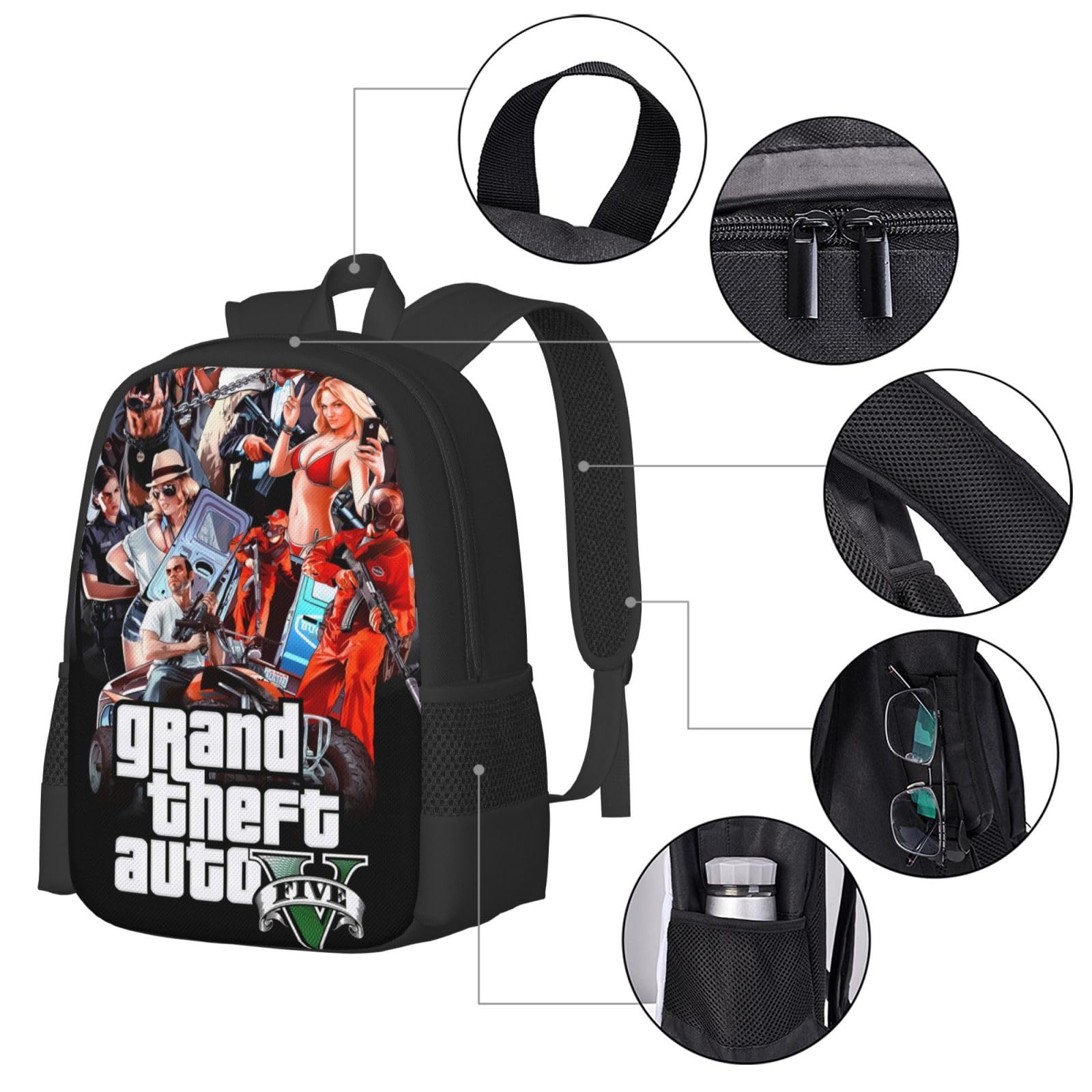 MAPH Lightweight Anime Laptop Backpack Large Capacity Backpacks 3D Printing Travel Daypack Grand Game Theft Adventure Auto V Shoulder Backpacks 17inch