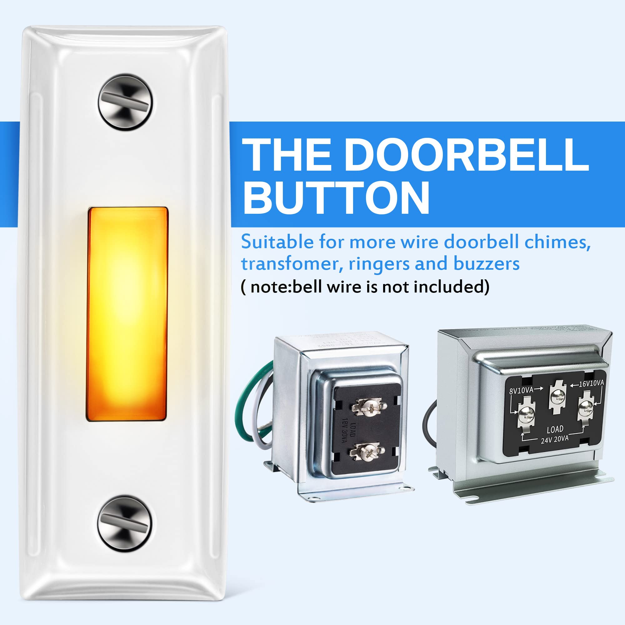 LED Lighted Doorbell Button, Upgraded Solid and Sleek Metal Wall Mounted Door Bell Push Buttons for Home, Universal Garage Door Opener Switch (White)