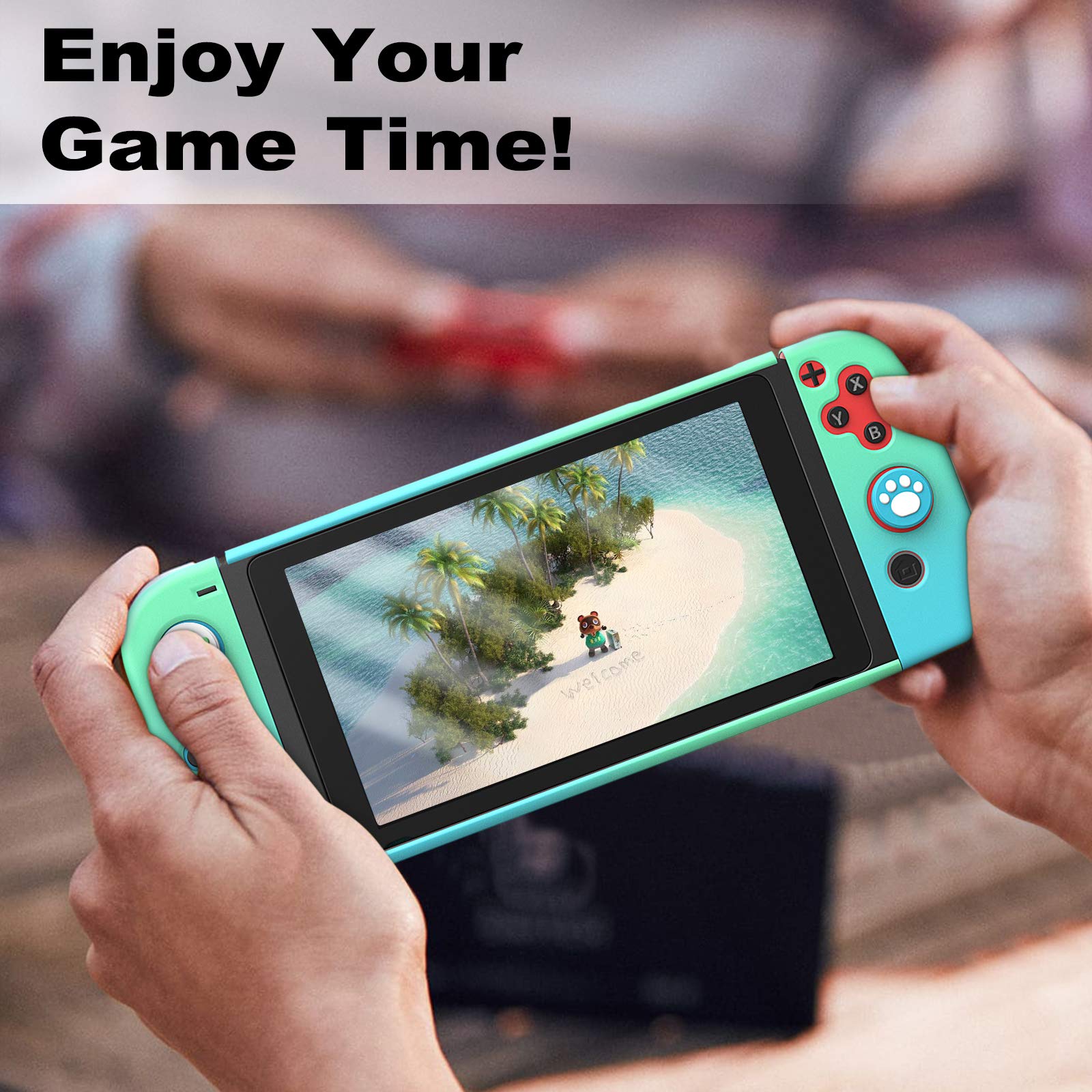 MoKo Dockable Case Compatible with Nintendo Switch,Protective Cover Compatible with Switch Console and Joy-Con Controller,4 Thumb Grip Caps & 2 HD-Clear Tempered Glass Screen Protectors, Blue + Green
