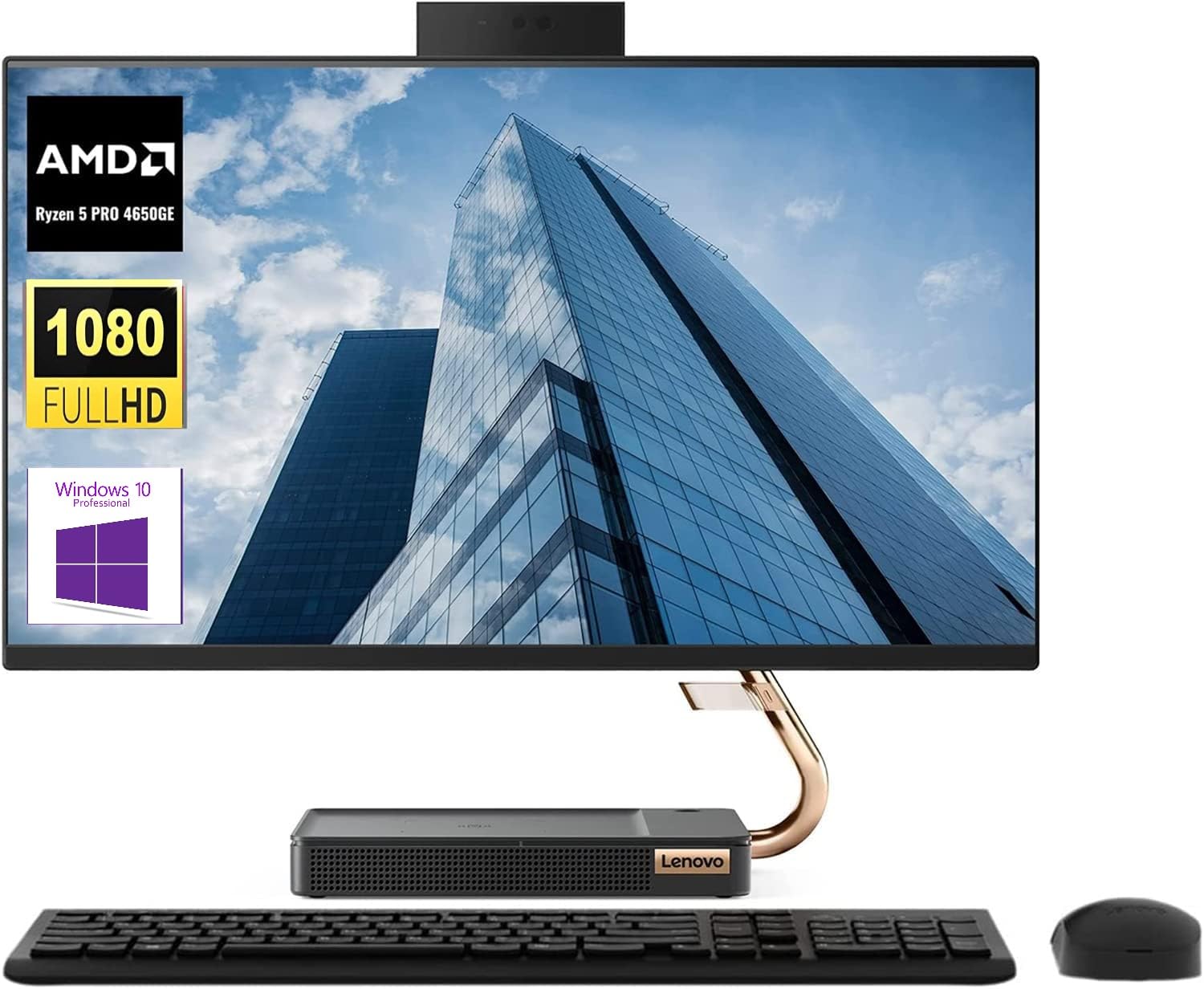 Lenovo Ideacentre A540 23.8" FHD All-in-One Desktop, AMD Ryzen 5 Pro 4650GE, 16GB RAM 512GB PCIe SSD, Webcam, HDMI, Wireless Keyboard & Mouse, Windows 10 Pro, Black