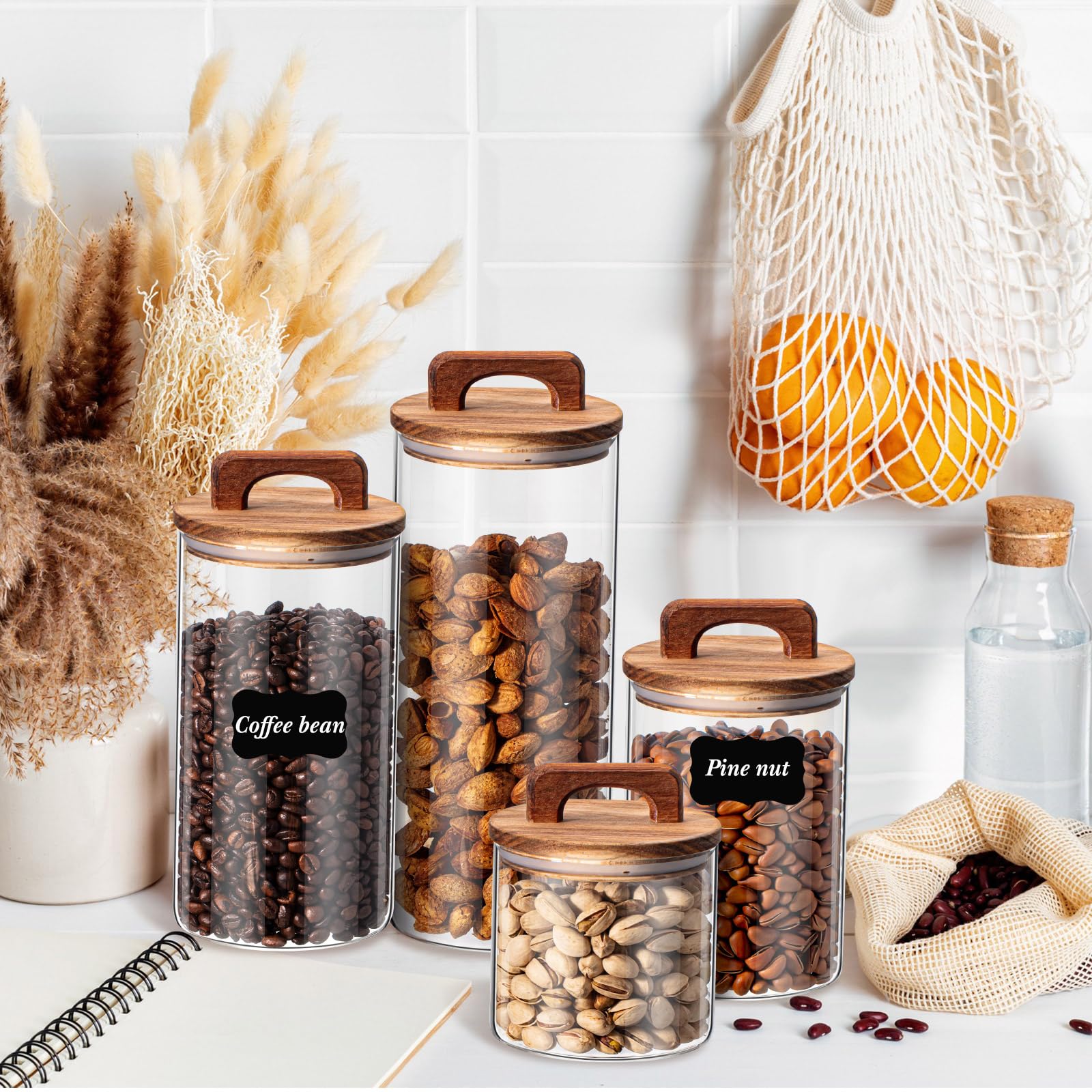Layhit 4 Pcs Glass Food Storage Jars with Airtight Wood Lid Clear Storage Jars Containers with Stickers Marker for Candy, Cookie, Rice, Sugar, Flour, Pasta, Nuts, 4 Size