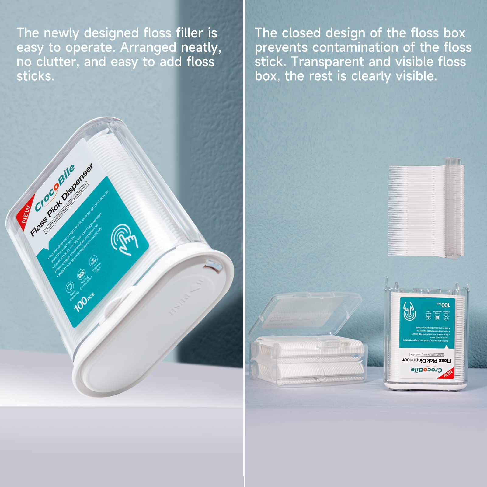The New Floss Stick Refill Box - with [200 Count] Flossers, CrocoBile Advanced Clean Floss Picks, Strong Elasticity Dental Floss No Break & No Shred Floss, Designed to Refill Floss Pick Dispenser.