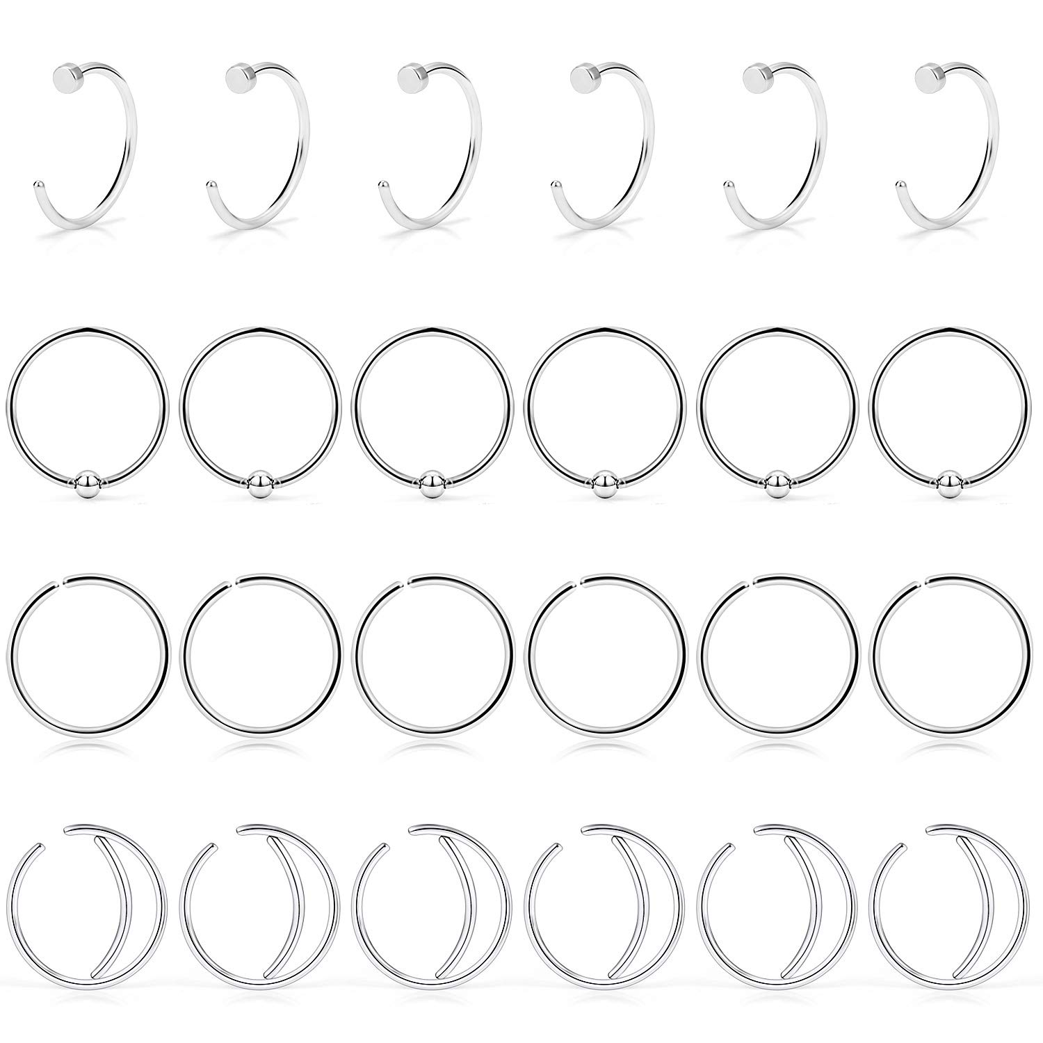 Lcolyoli 24PCS 22G Surgical Steel Moon Nose Rings Hoop Nostril Septum Ring Piercing Jewelry for Women Men 10mm (3/8") Silver-tone