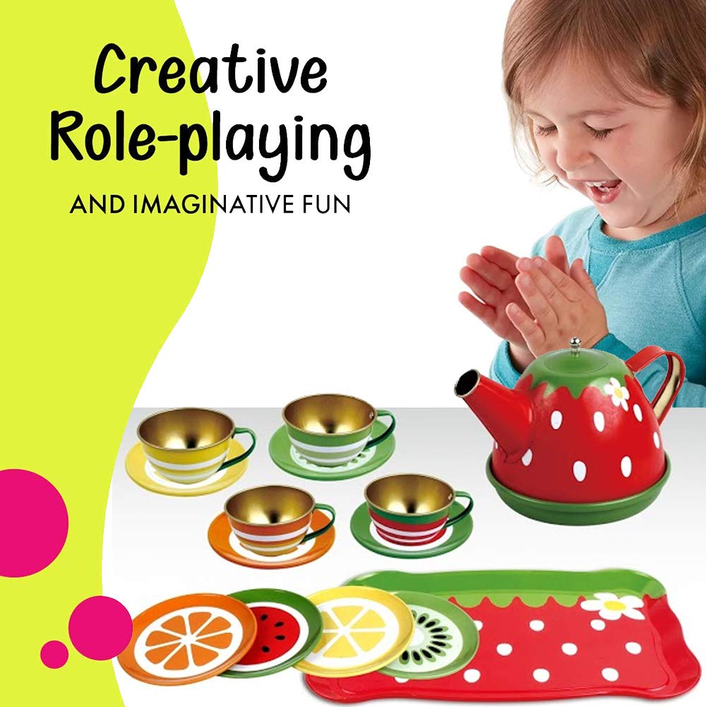 Kids Fruit Themed Tin Tea Party Toy Set - Metal Teapot and Cups for Childrens Kitchen Pretend Play (14 Pieces)