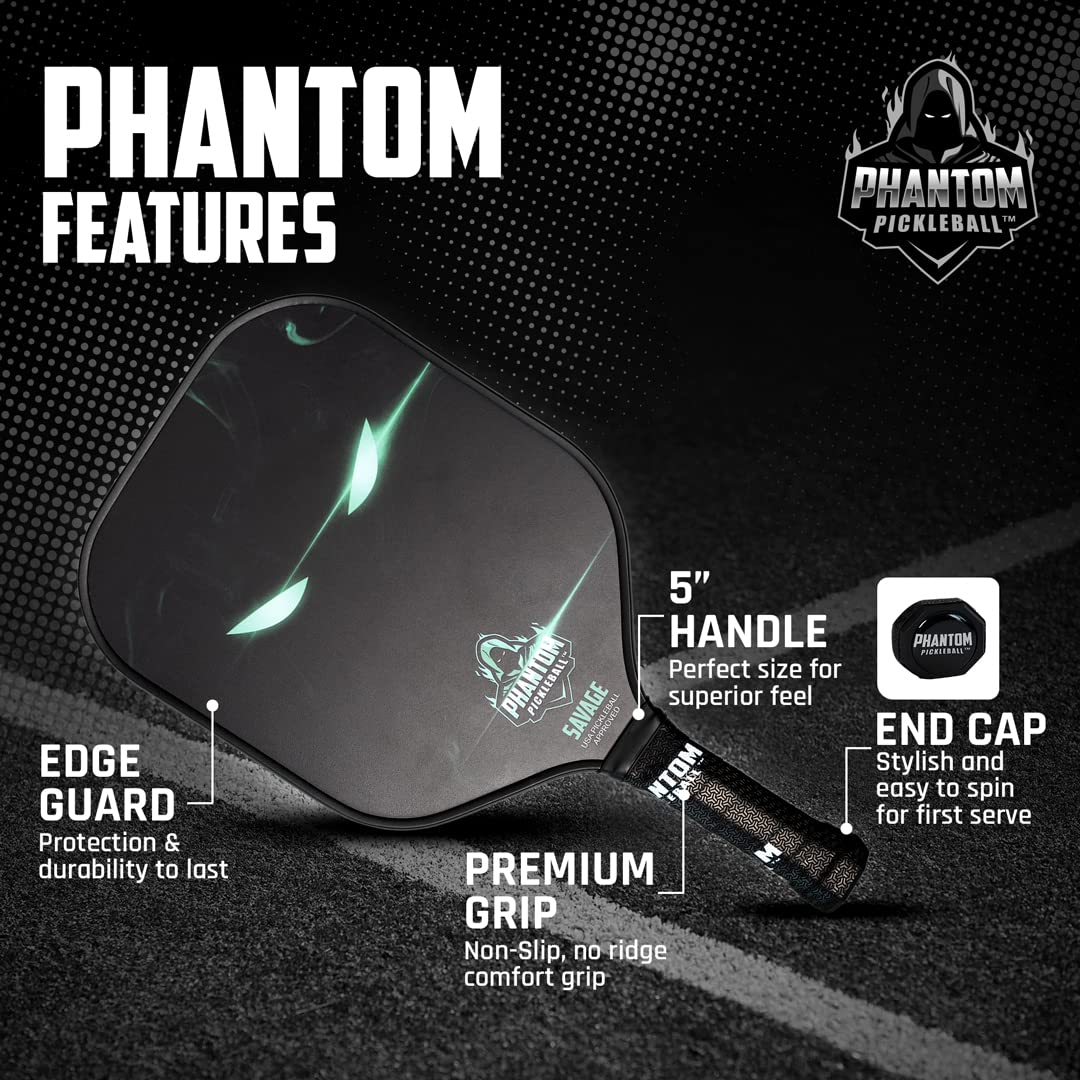 Phantom SAVAGE 13mm Carbon Fiber Wide Body Pickleball Paddles - Max Grit and Spin - USAPA Approved β Pickleball Rackets - Pickle-Ball Equipment with Polypropylene Core β Lightweight (Green)