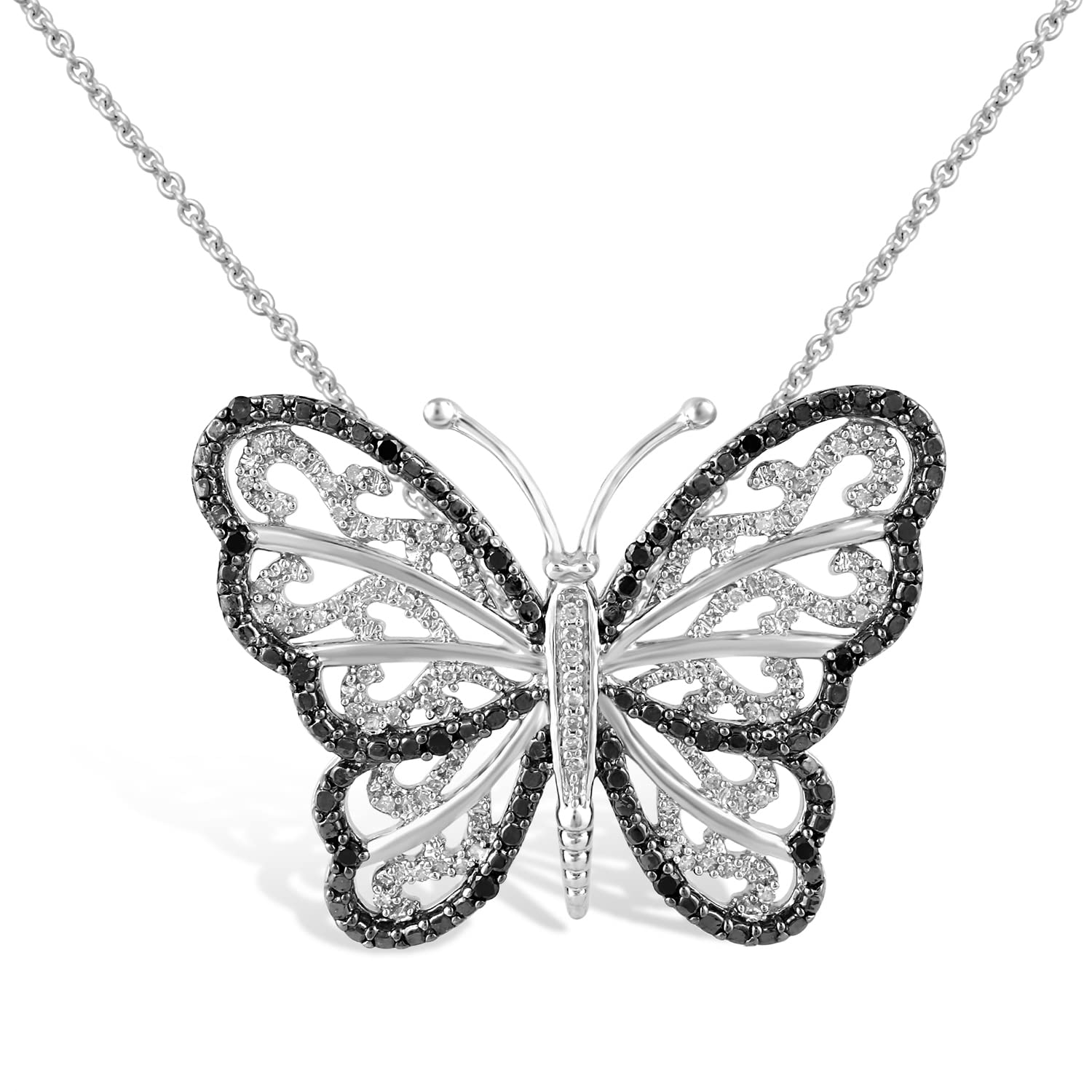 Jewelili Womens Sterling Silver with 1/3 Cttw Treated Black and Natural White Round Diamond Butterfly Necklace, 18" Rolo Chain