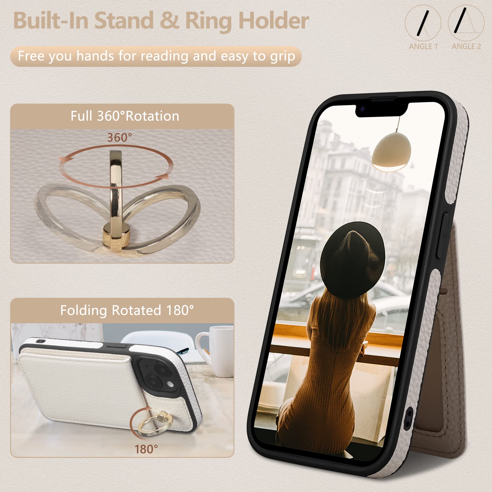 Keallce Case for iPhone 14 Plus 6.7'' Detachable Crossbody Wallet Case with RFID Blocking Card Slots, 360ーStand Ring Flip Leather Protective Cover Lanyard Shoulder Strap Women for iPhone 14 Plus,Beige