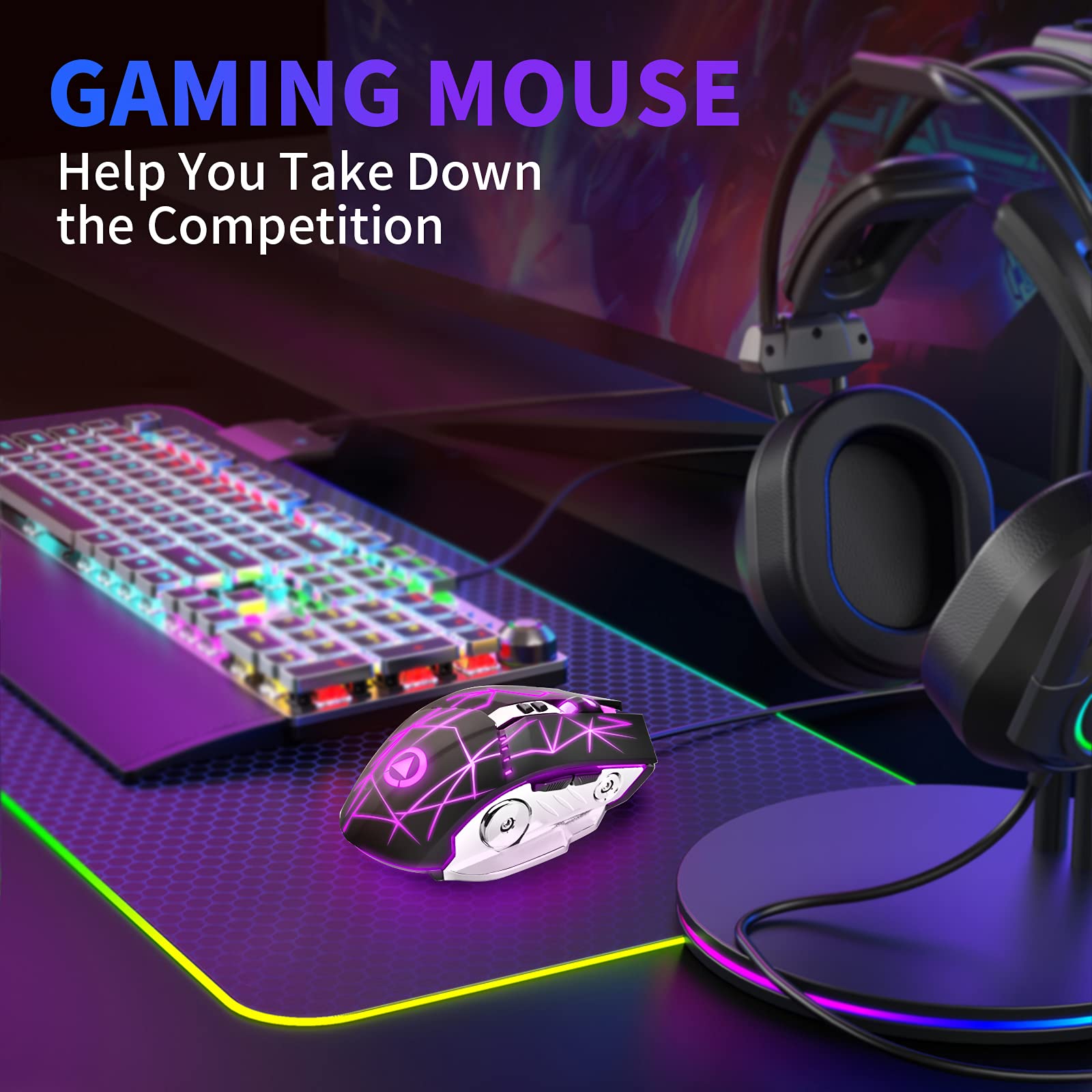 PDTXCLS Silent Click Wired Gaming Mouse, RGB Backlight and 4 Adjustable DPI Up to 3200, 7 Buttons, Ergonomic USB Computer Mouse with High Precision Sensor for Windows PC & Laptop Gamers