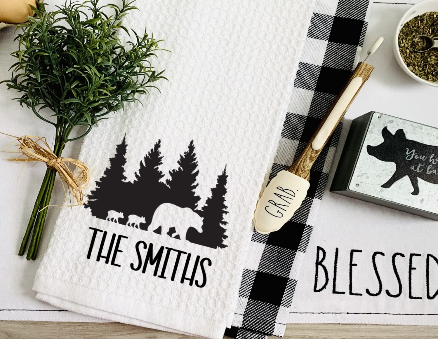 Monogram Personalized Mama Baby Bear Kitchen Towel, Farm House Waffle Weave Tea Towel, Cabin Housewarming Gift, Wedding Gift
