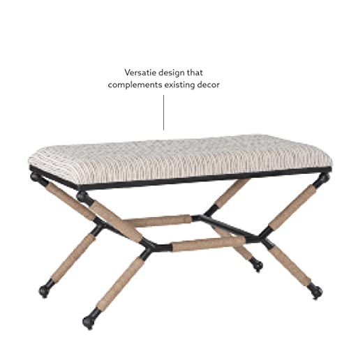 Linon Upholstered Seat Farrow Metal Campaign Bench, Black/White Striped