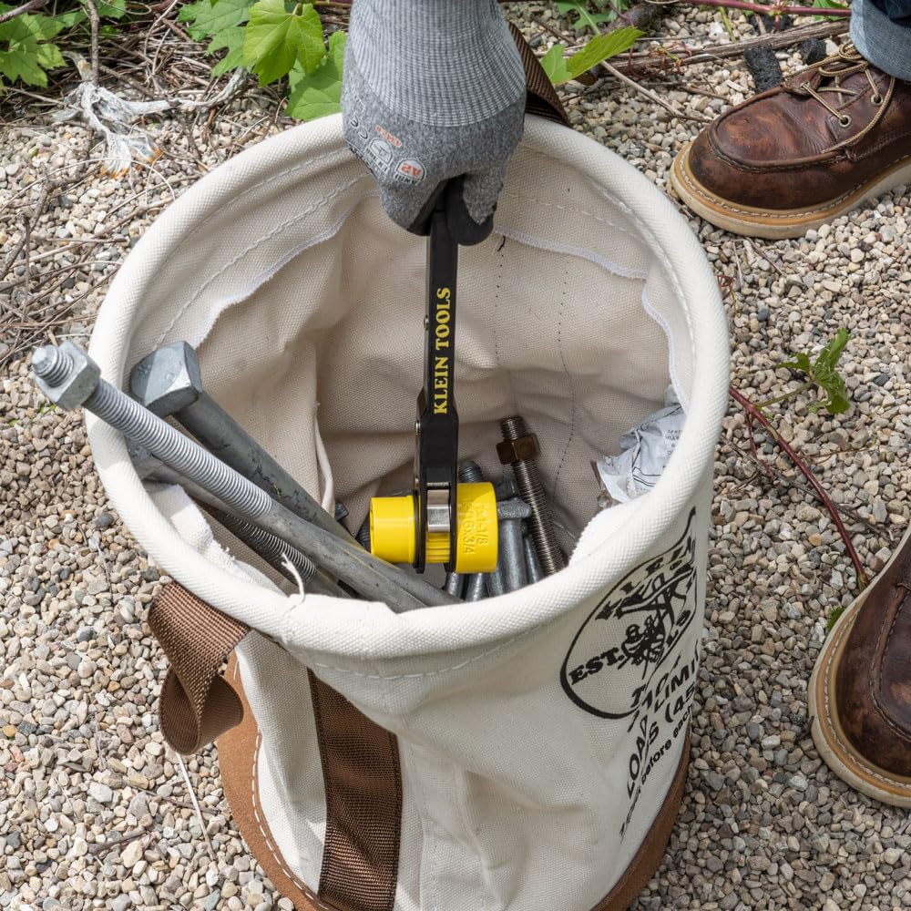 Klein Tools 5104 Canvas Bucket with Leather Bottom, 12-Inch Diameter, 1 Pocket, 100-Pound Load Rated Utility Bucket, Natural