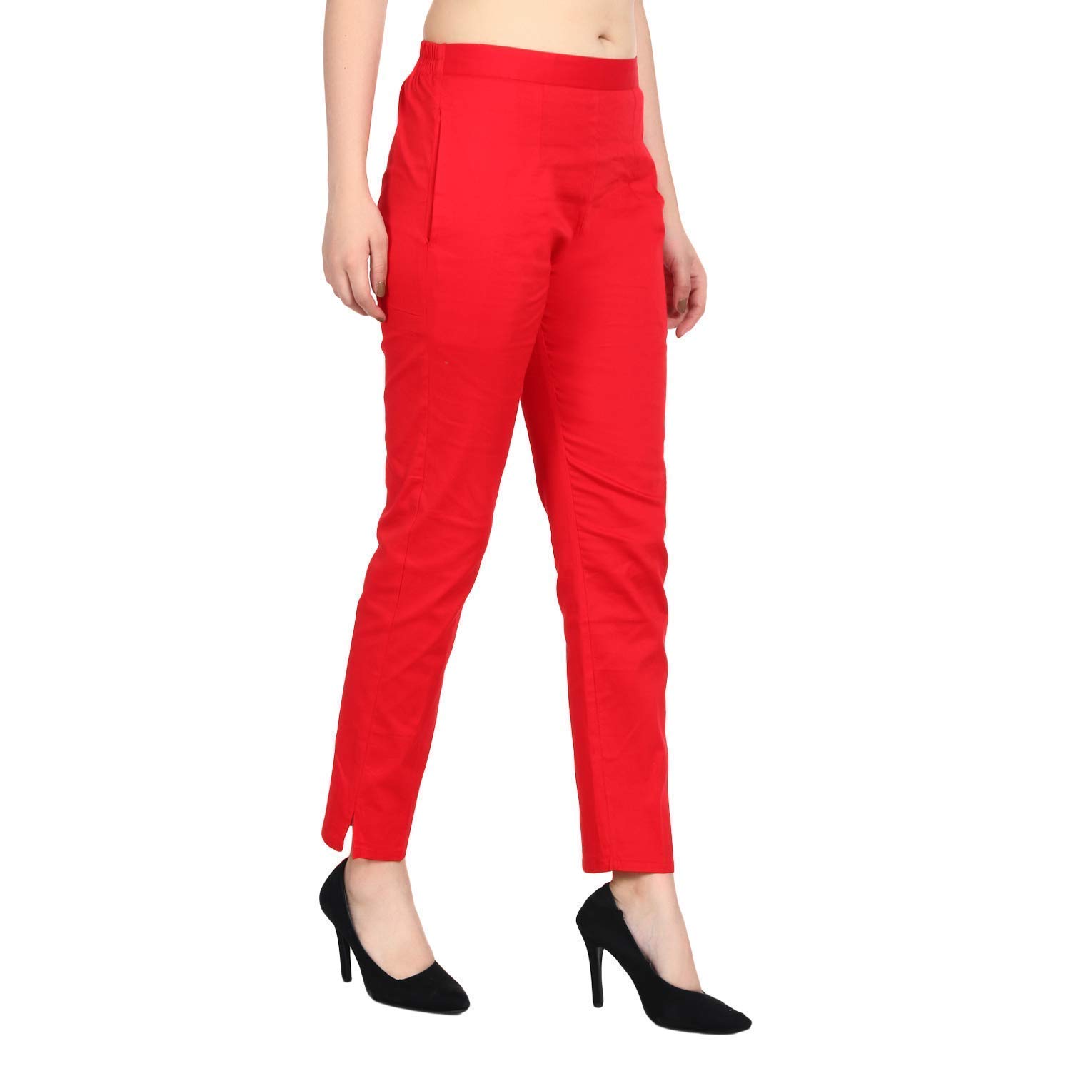 ladyline Womens Cotton Stretchable Straight Trouser Pants Elastic Closure One Pocket (Red-4XL)