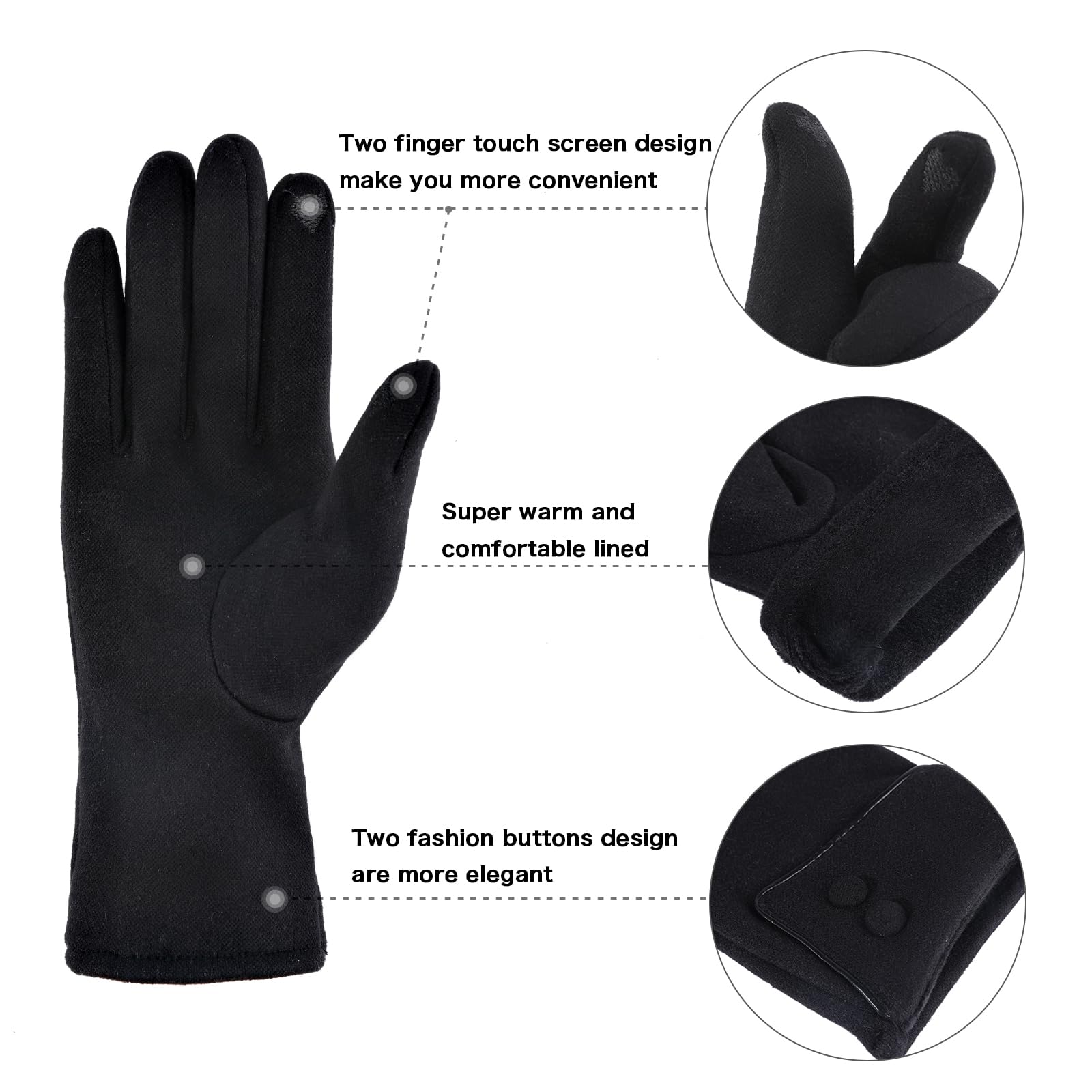 KOFOJN Women's Winter Warm Gloves Touch Screen Texting Lined with Plush Warm Gloves 3 Pairs