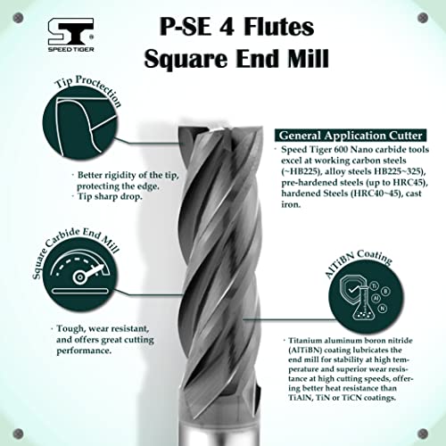 SPEED TIGER Micrograin Carbide Square End Mill - 4 Flute - 10mm 75L (1 Piece, 10mm) - for Milling Alloy Steels, Hardened Steel, Metal & More β Mill Bits Sets for DIYers & Professionals